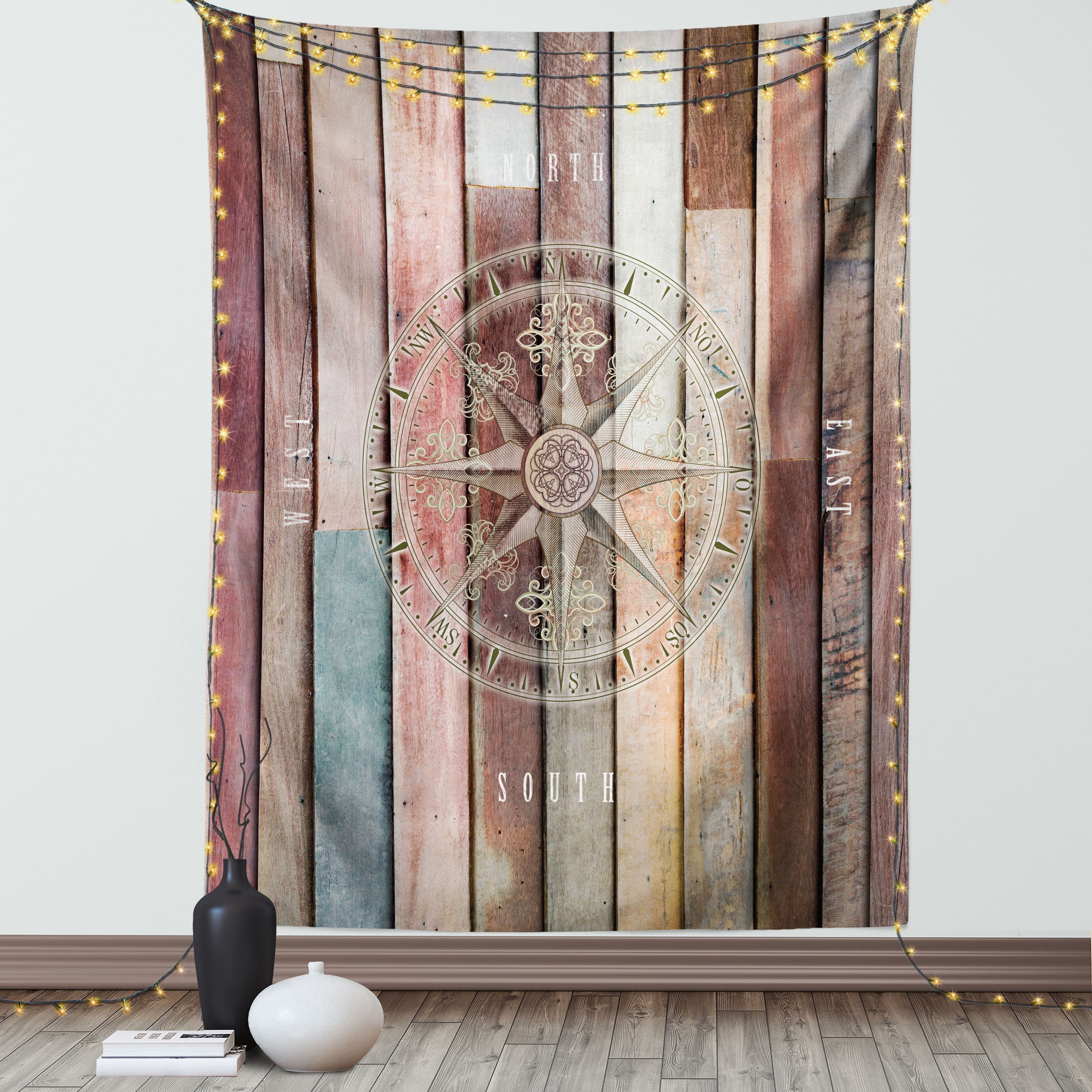 Marine Life Tapestry, Navy Sea Life Yacht Theme Colored Wood Backdrop ...