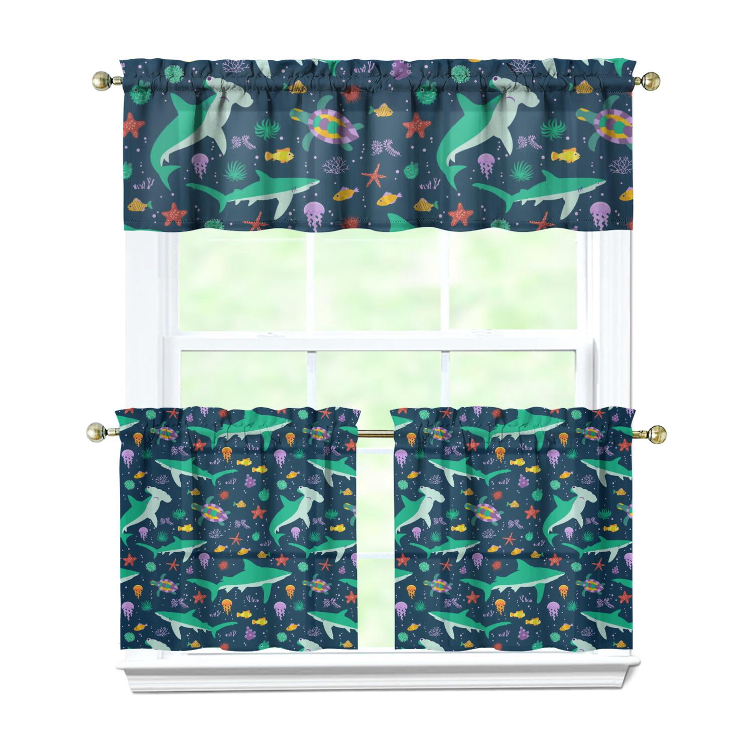 Marine Life Tier Curtains Set of 3 - Abstract Sea & Whale Design, Semi ...