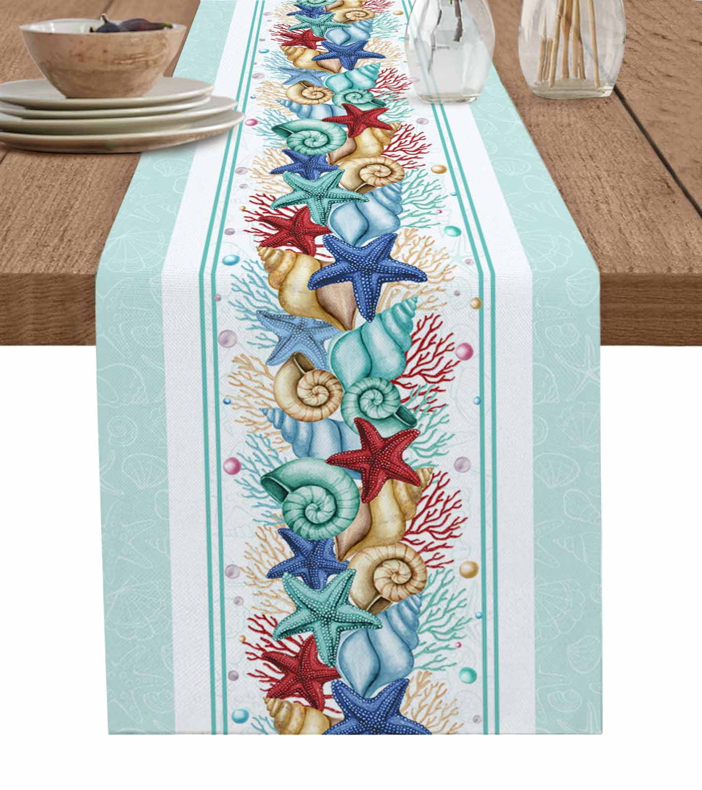 Marine Life Watercolor Star Shell Coral Table Runner Cotton Linen ...