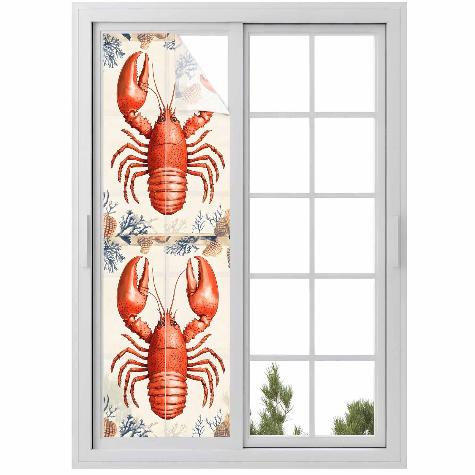 Marine Life Window Privacy Film Red Lobster Shell Seaweed Decorative ...
