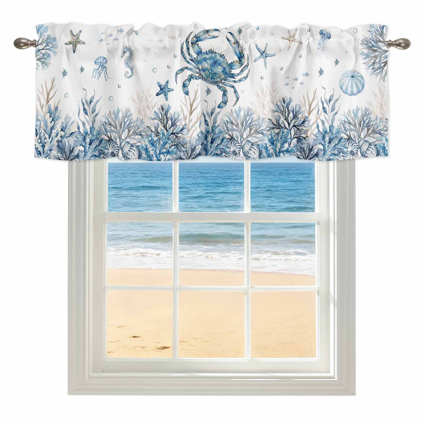 Marine Life Window Valance for Kitchen, Ocean Crab Coral Sea Star ...