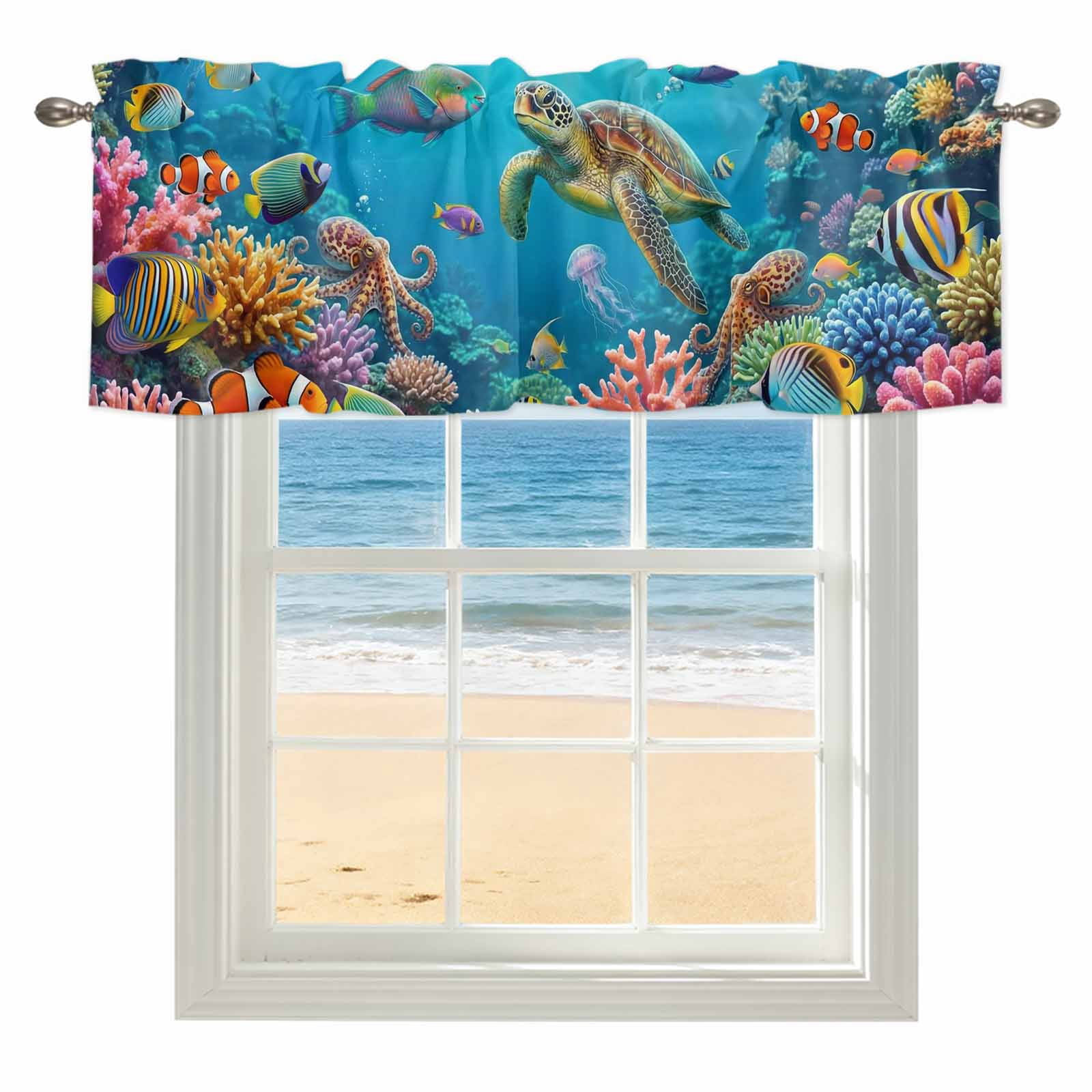 Marine Life Window Valance for Kitchen, Sea Turtles Fish Coral ...