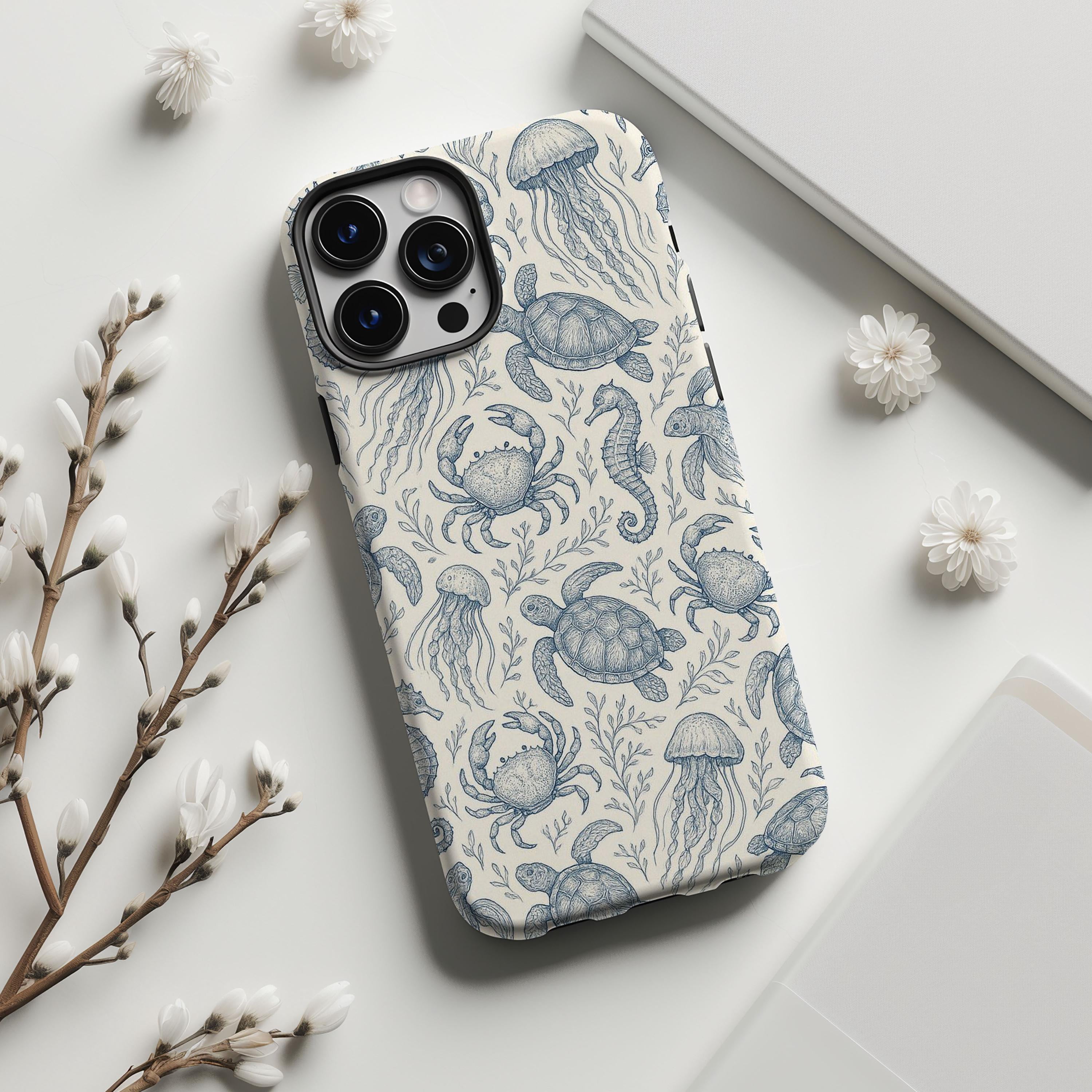 Marine Line Art Phone Case Coastal Ocean Pattern Gift 17 11 12 13 14 15 ...