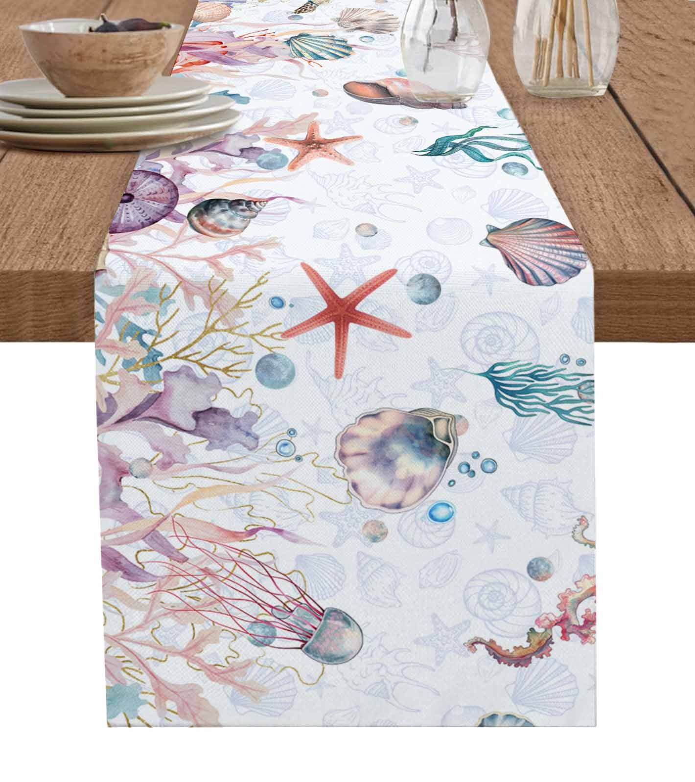 Marine Organisms Sea Turtle Jelly Shells Table Runner Luxury Wedding r ...