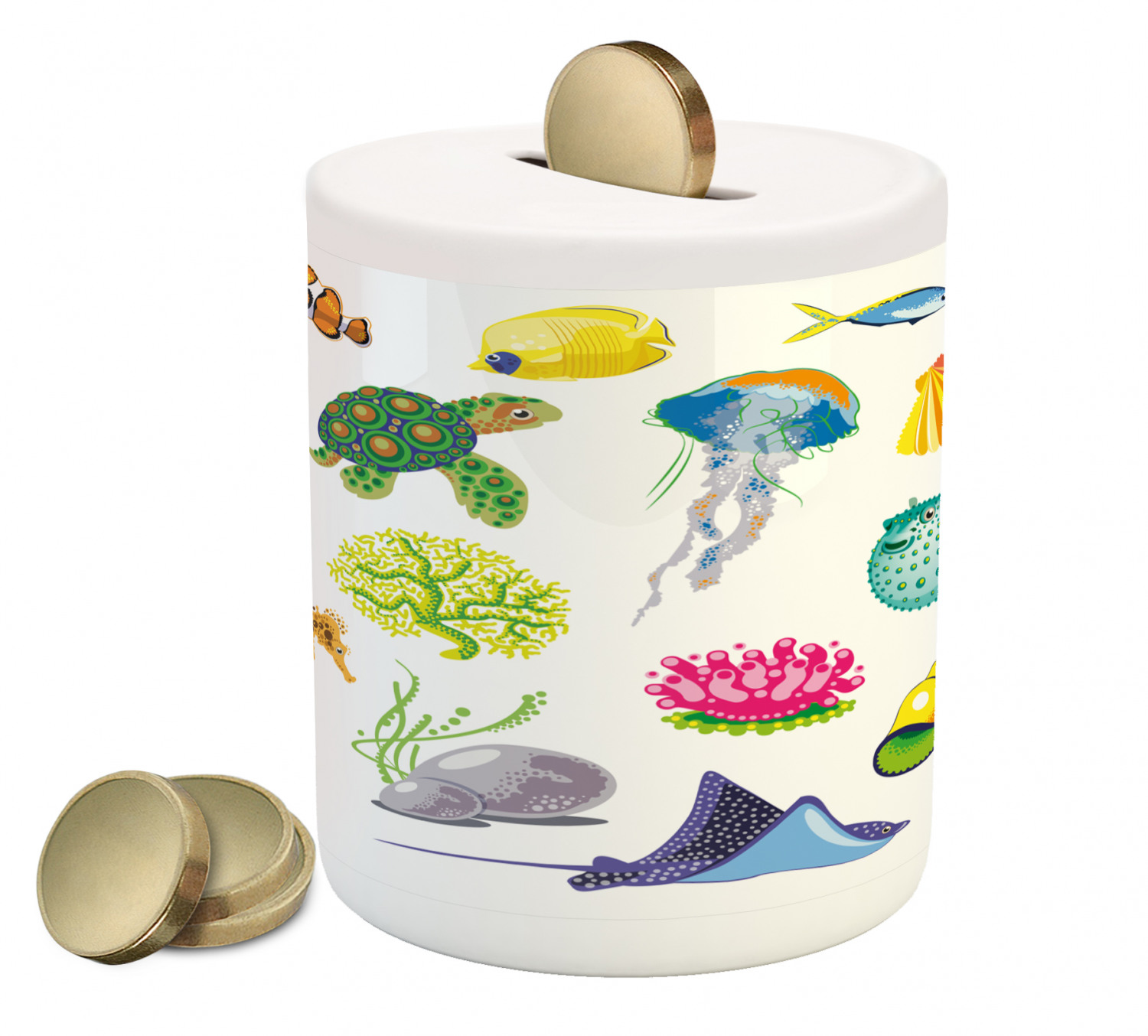 Marine Piggy Bank, Sea Animals Octopus Dolphin Shells Stingray Crab ...