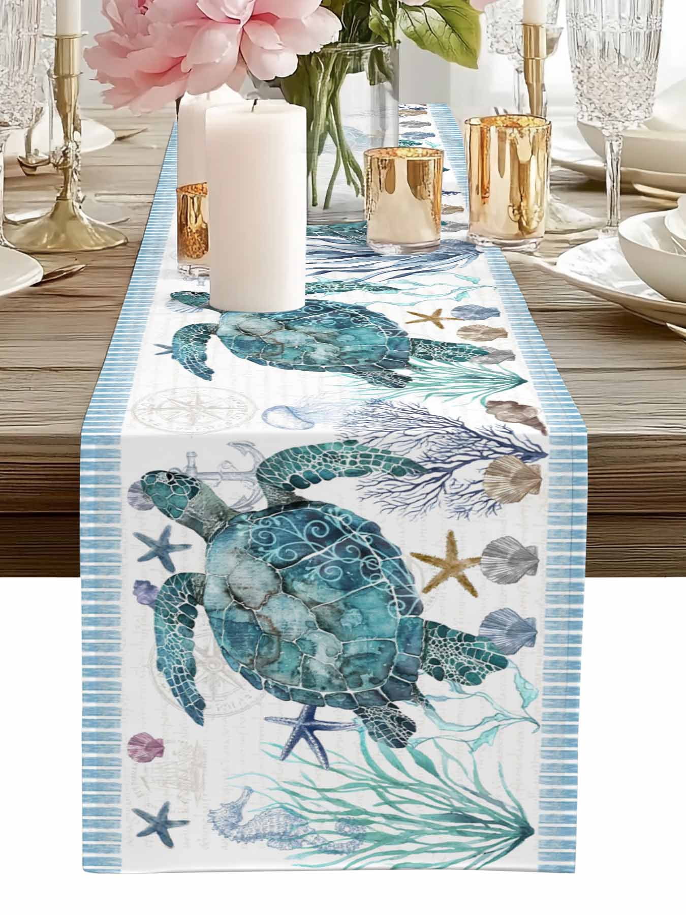 Marine Sea Turtle Starfish Shell Table Runner-60 Inch Long Ocean Coral ...