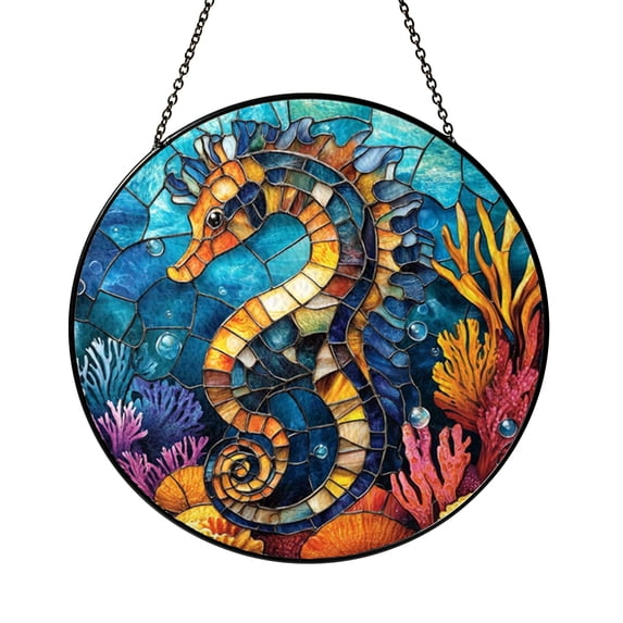 Marine Seahorse Round Stained Glass Decorative Window Suncatcher Accent ...