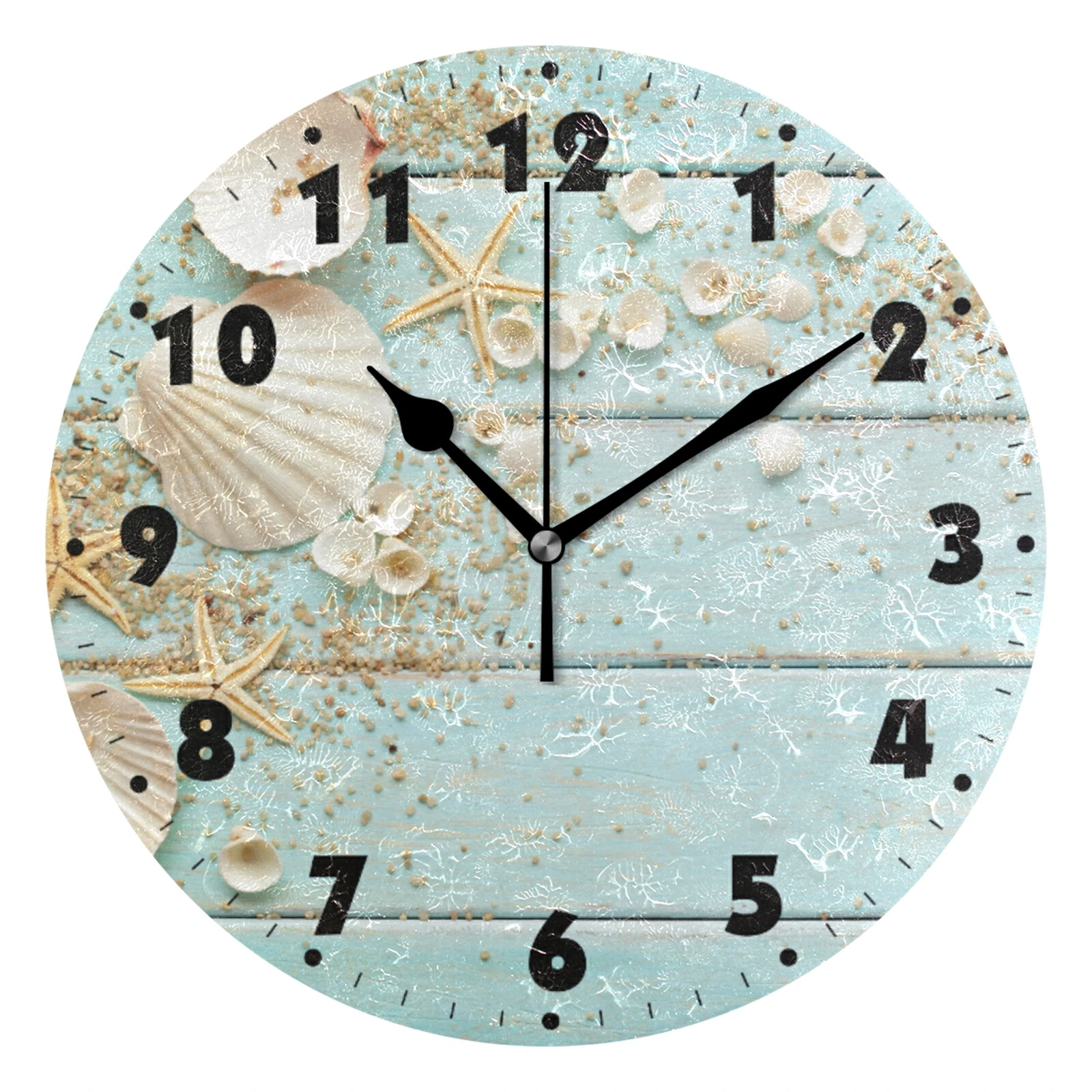 Marine Seashells On Sand Round Wall Clock Silent Non-Ticking Quiet Desk ...