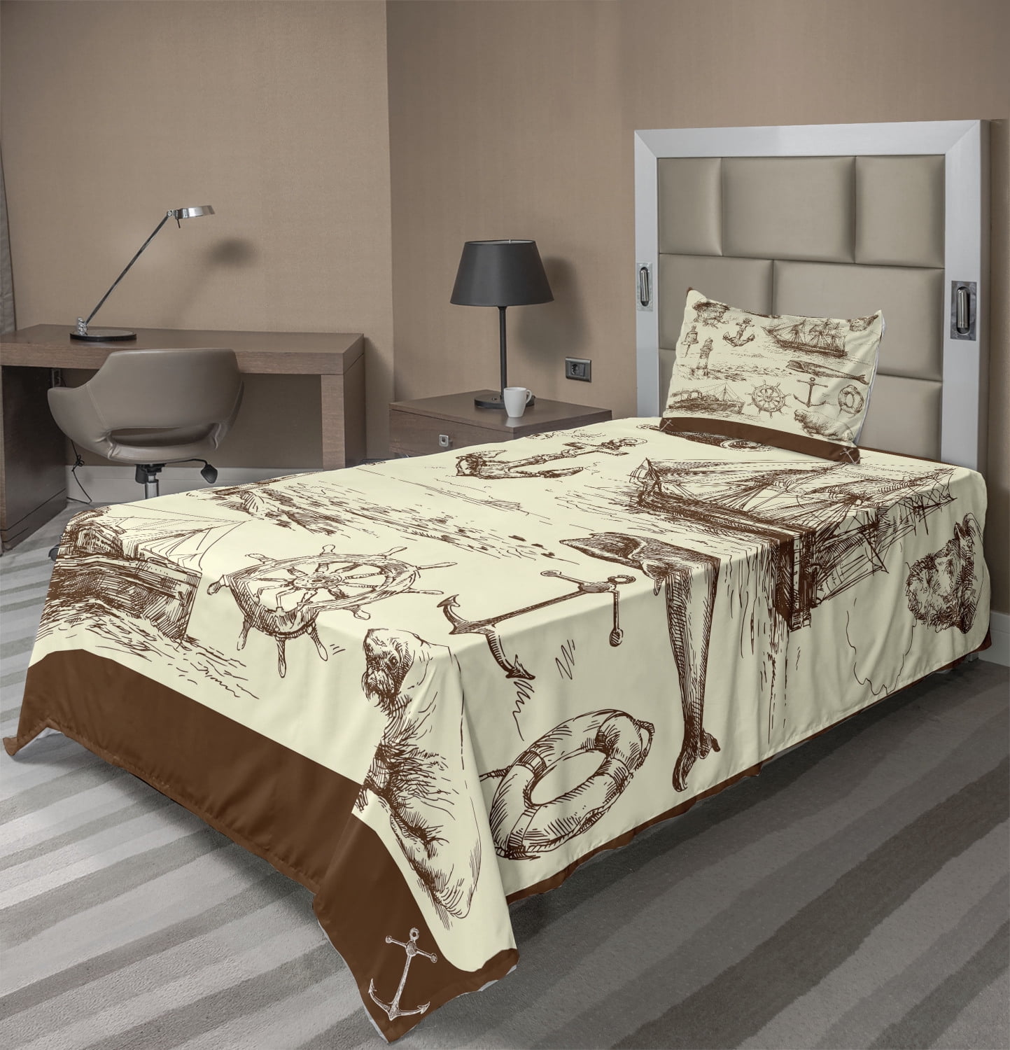 Marine Sheet Set, Oceanic Theme Retro Style Drawing Effect Framed ...