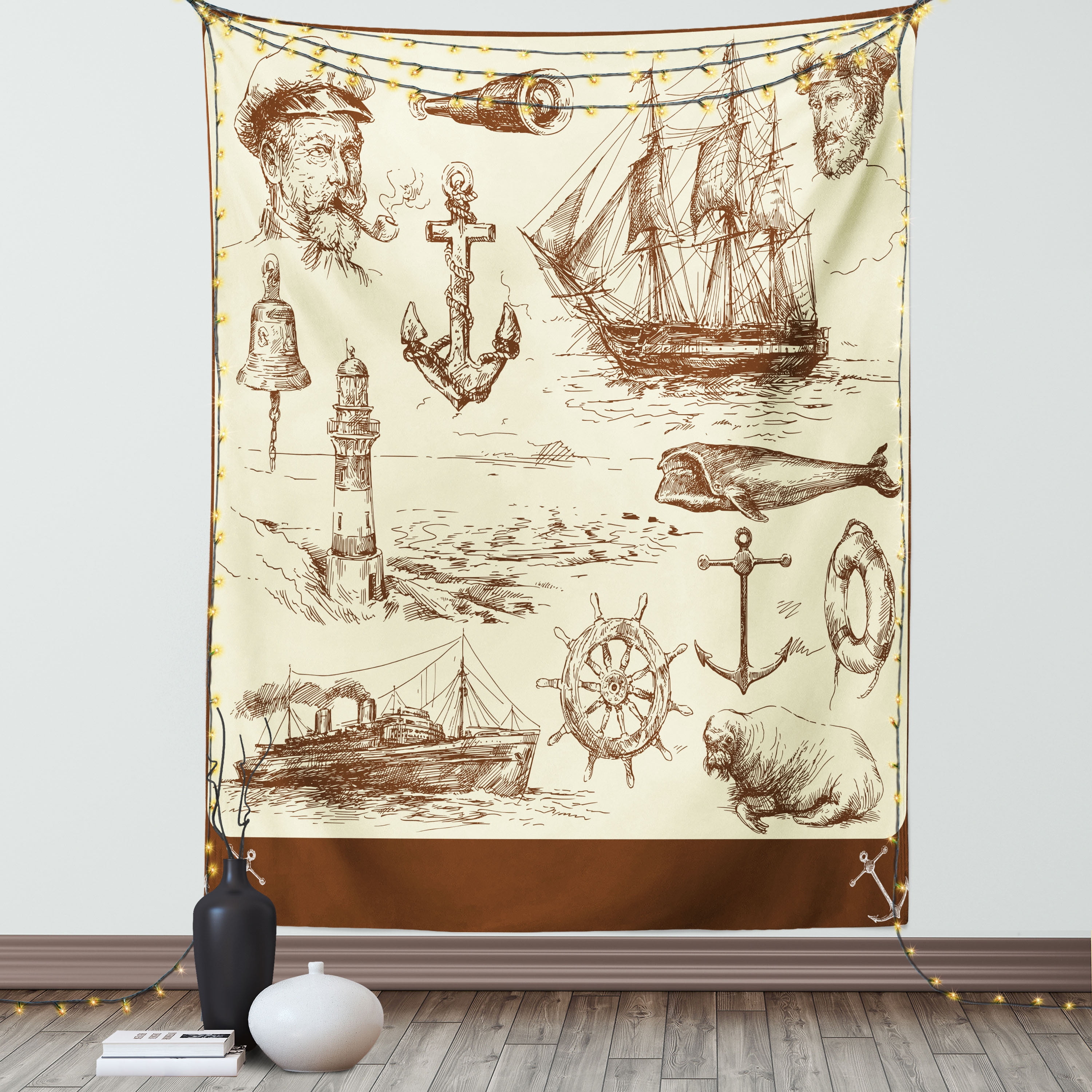 Marine Tapestry, Oceanic Theme Retro Style Drawing Effect Framed ...