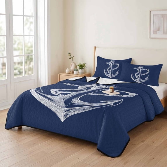 Marine Theme Anchor String Sketch 3 Pieces Quilt Set,1 Quilt with 2 ...