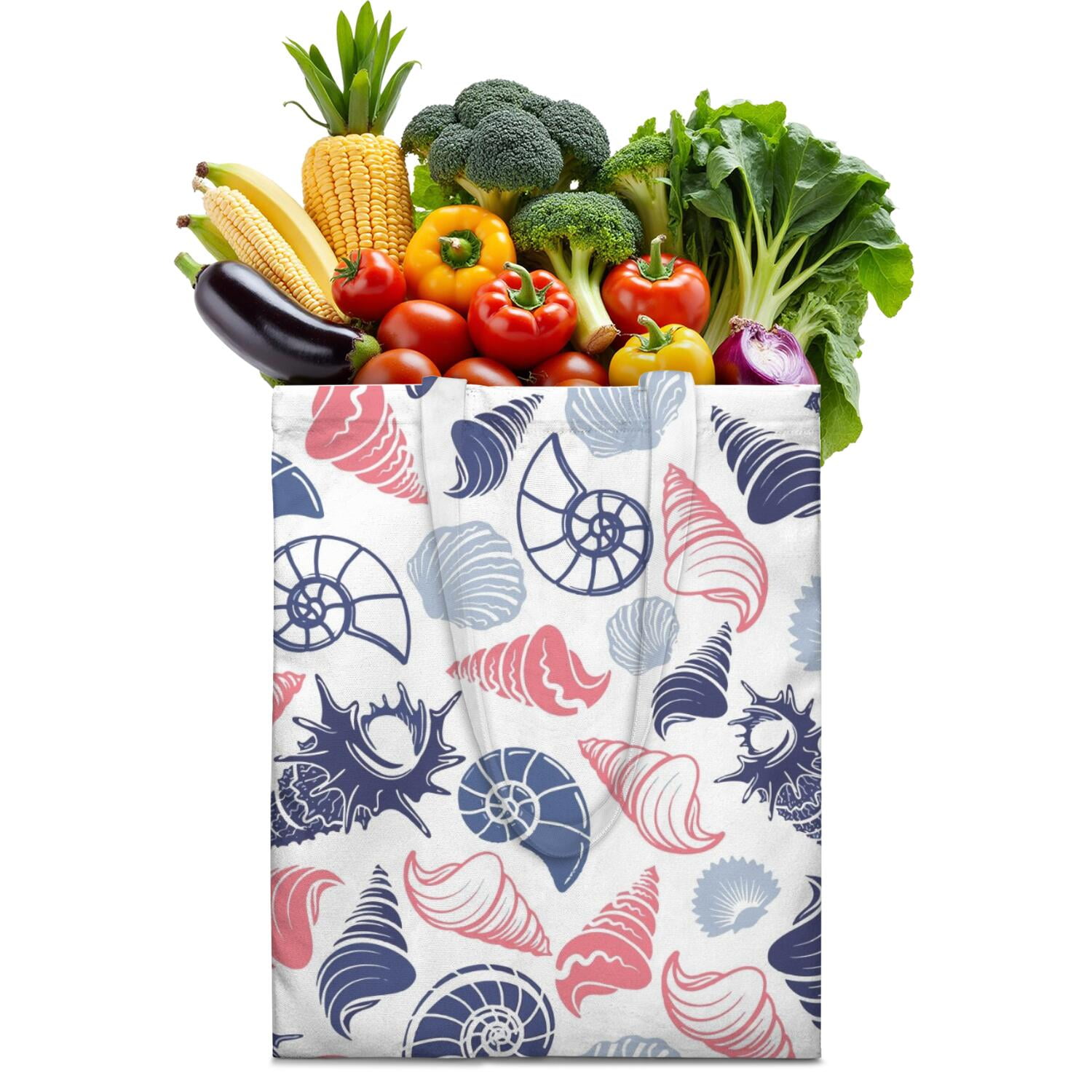 Marine Tropical Canvas Tote Bag with Seashell Spiral and Nautical Fish ...