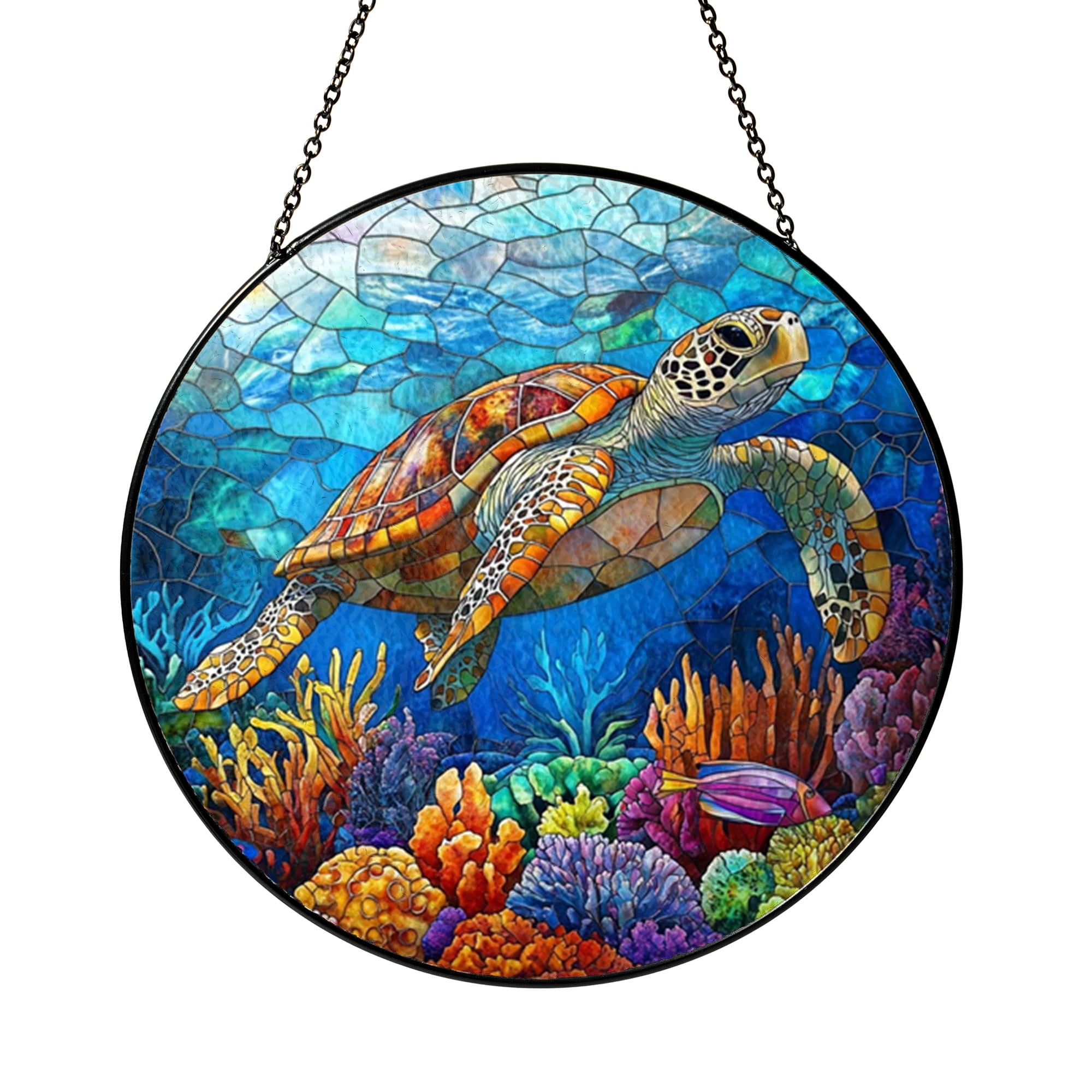 Marine Turtle Floral Stained Glass Window Hanging, Coastal Decorative ...