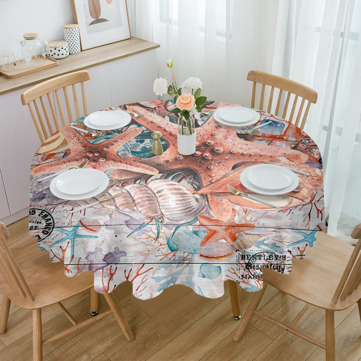 Marine Vintage Wood Panel StarShells Round Tablecloths for Dining Table ...