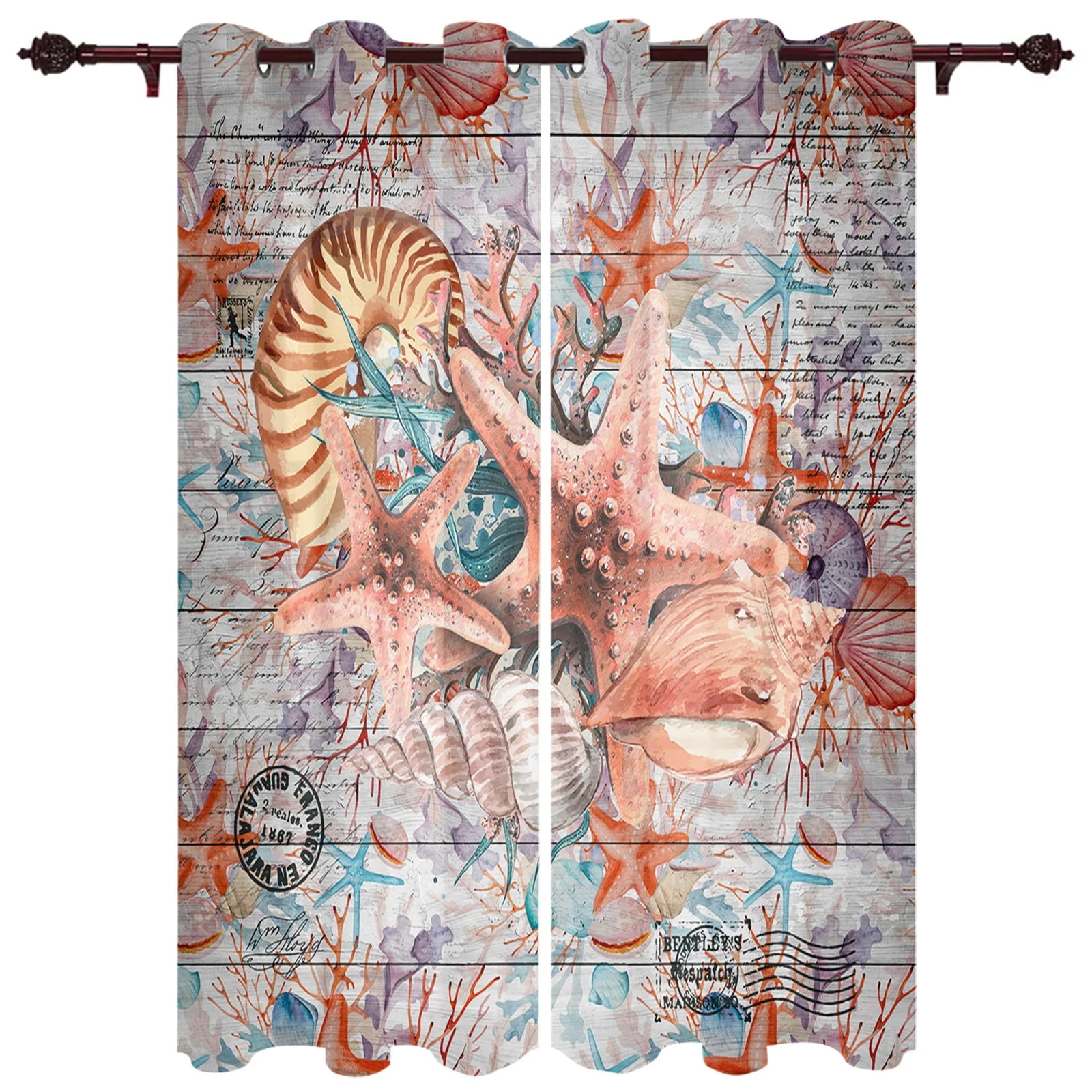 Marine Vintage Wood Panel Starfish Shells Modern Window Curtains for ...