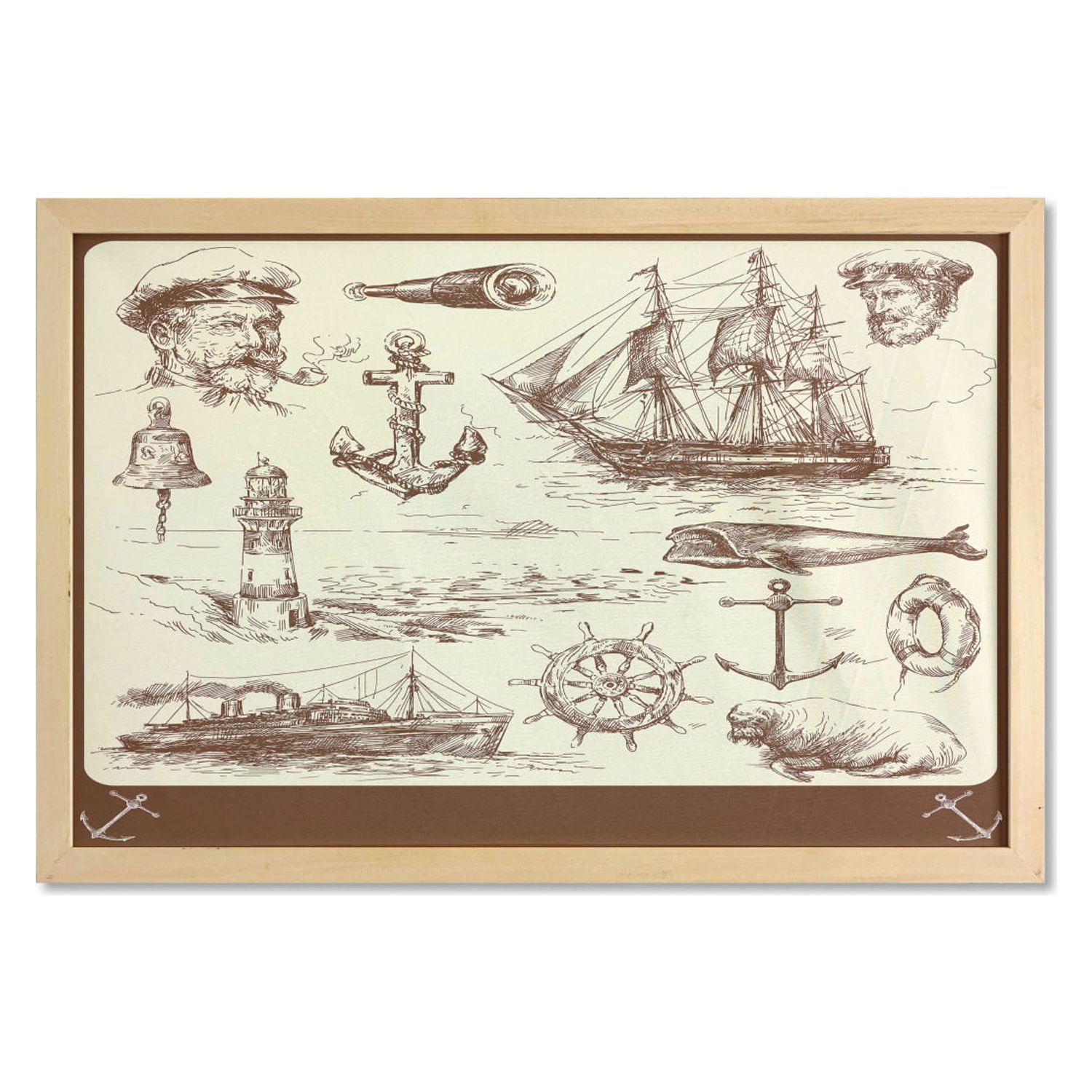 Marine Wall Art with Frame, Oceanic Theme Retro Style Drawing Effect ...