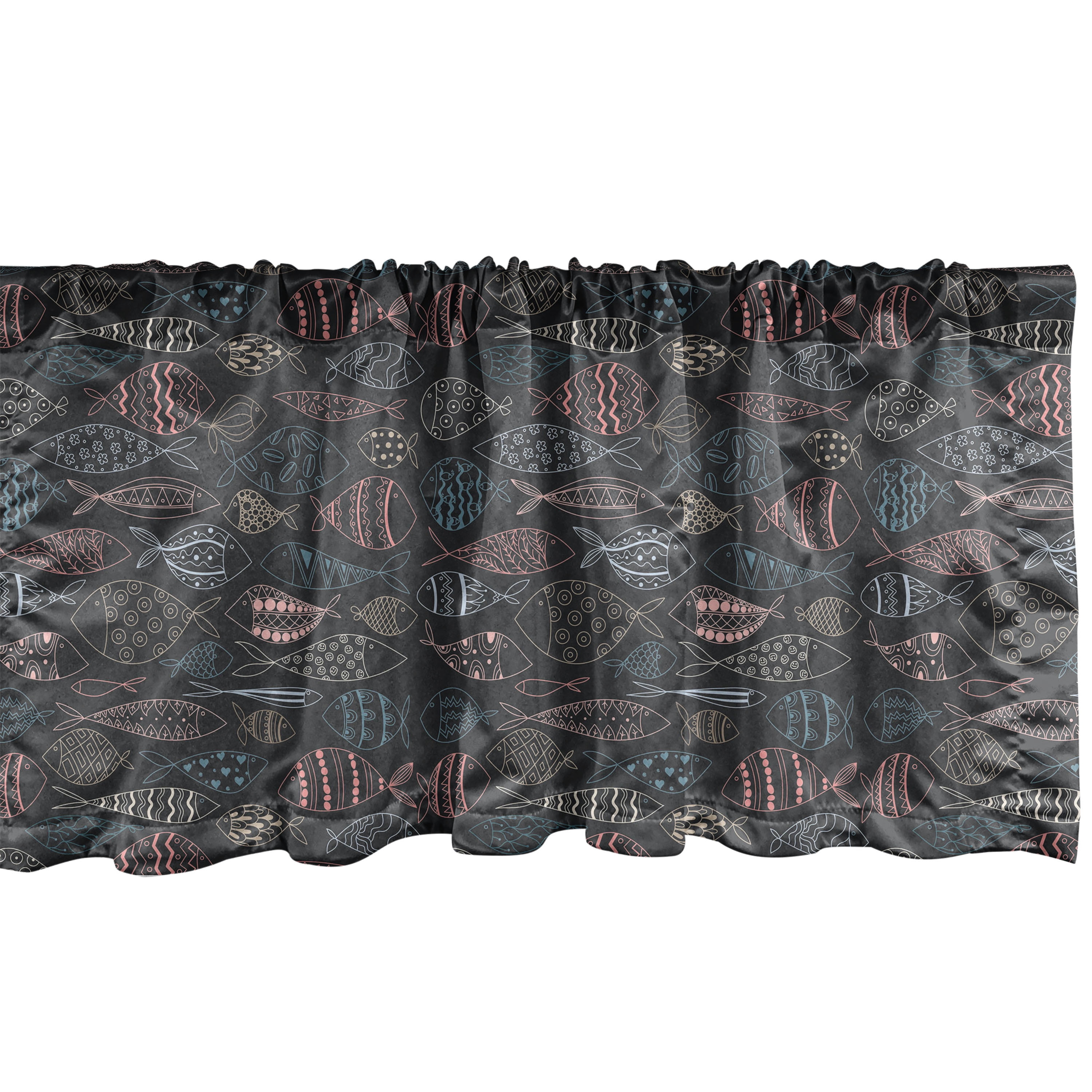Marine Window Valance, Outline Drawing Fish Print Ocean Nautical Style ...
