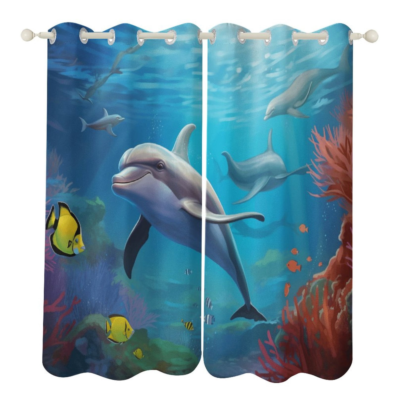 Marine World Dolphin 2 Panel Curtain Set, Watercolor Painting Window ...