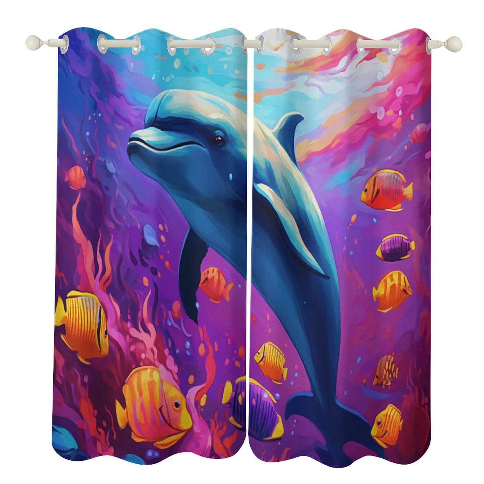 Marine World Dolphin 2 Panel Curtain Set, Watercolor Painting Window ...