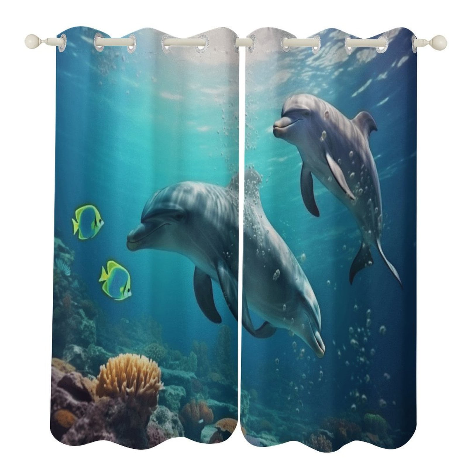 Marine World Dolphin 2 Panel Curtain Set, Watercolor Painting Window ...
