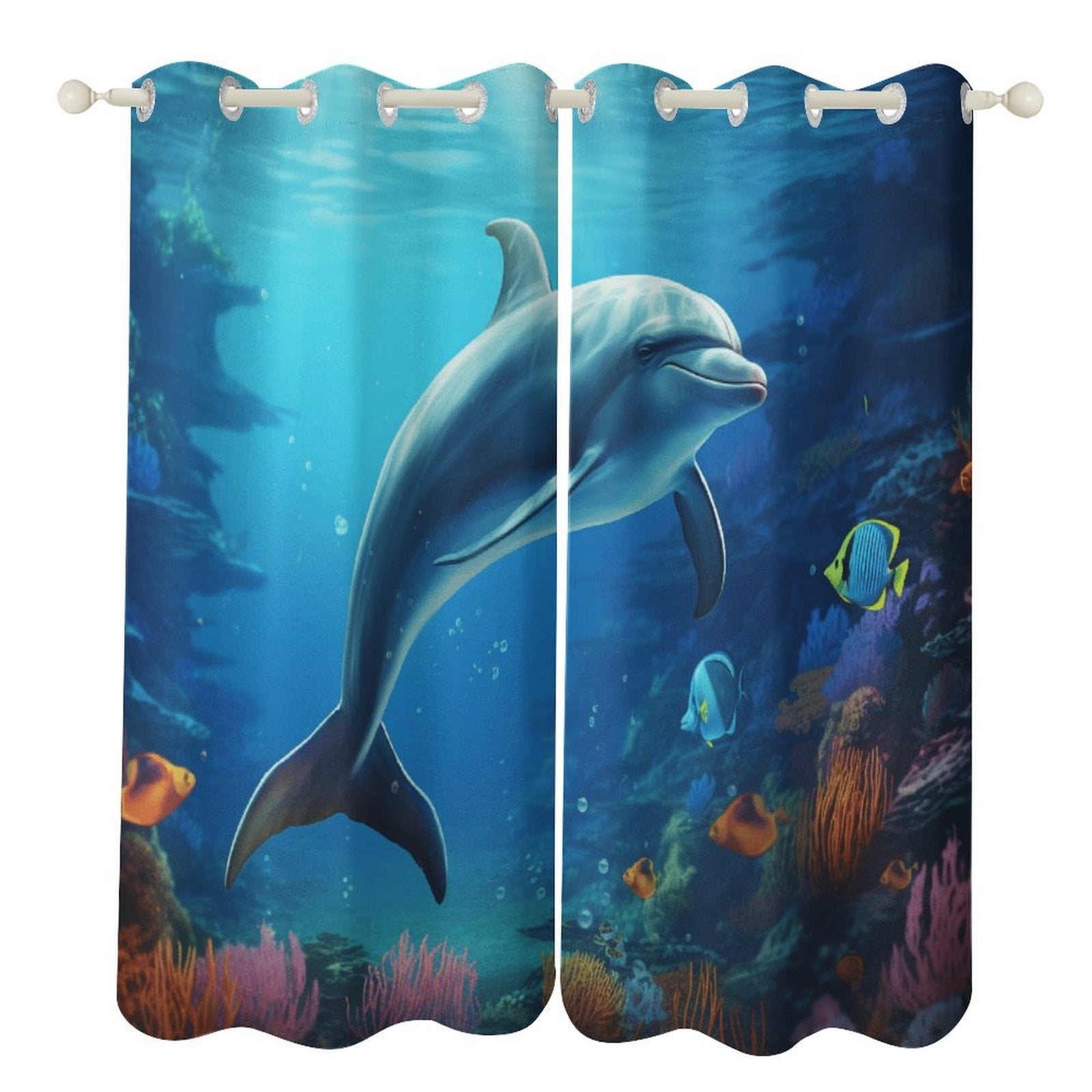 Marine World Dolphin 2 Panel Curtain Set, Watercolor Painting Window ...