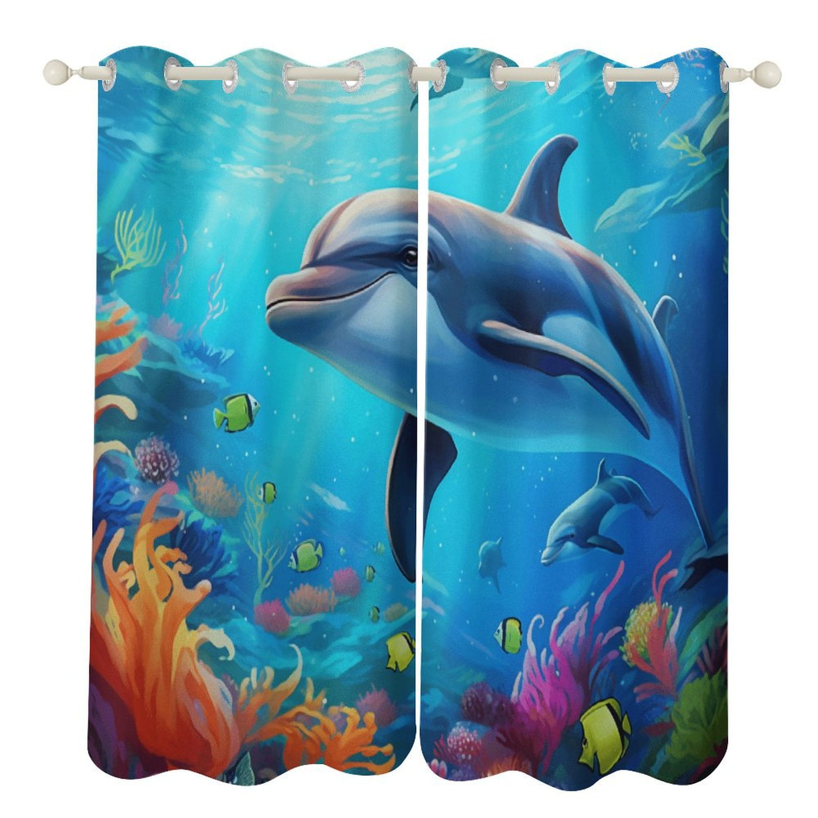 Marine World Dolphin 2 Panel Curtain Set, Watercolor Painting Window ...