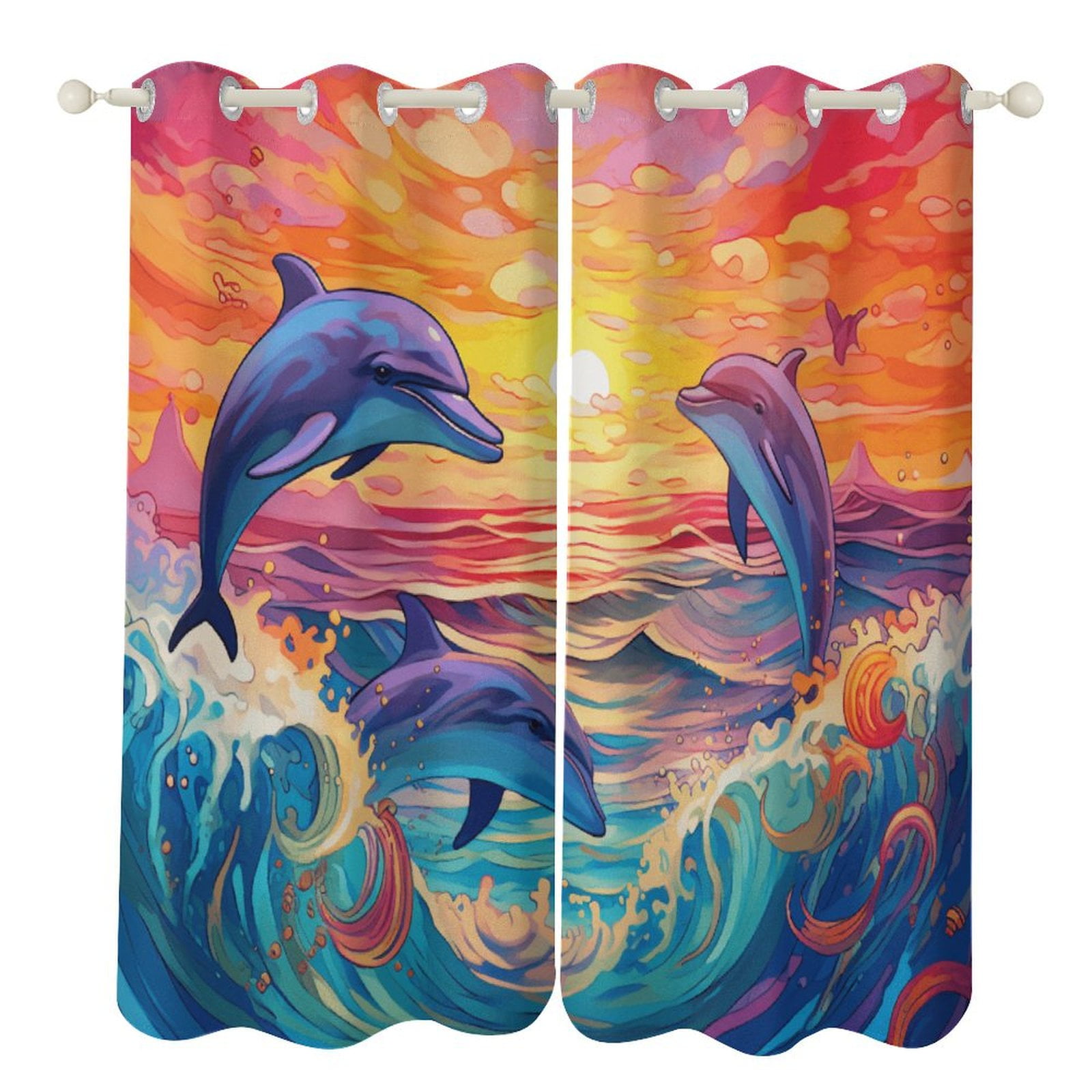 Marine World Dolphin 2 Panel Curtain Set, Watercolor Painting Window ...
