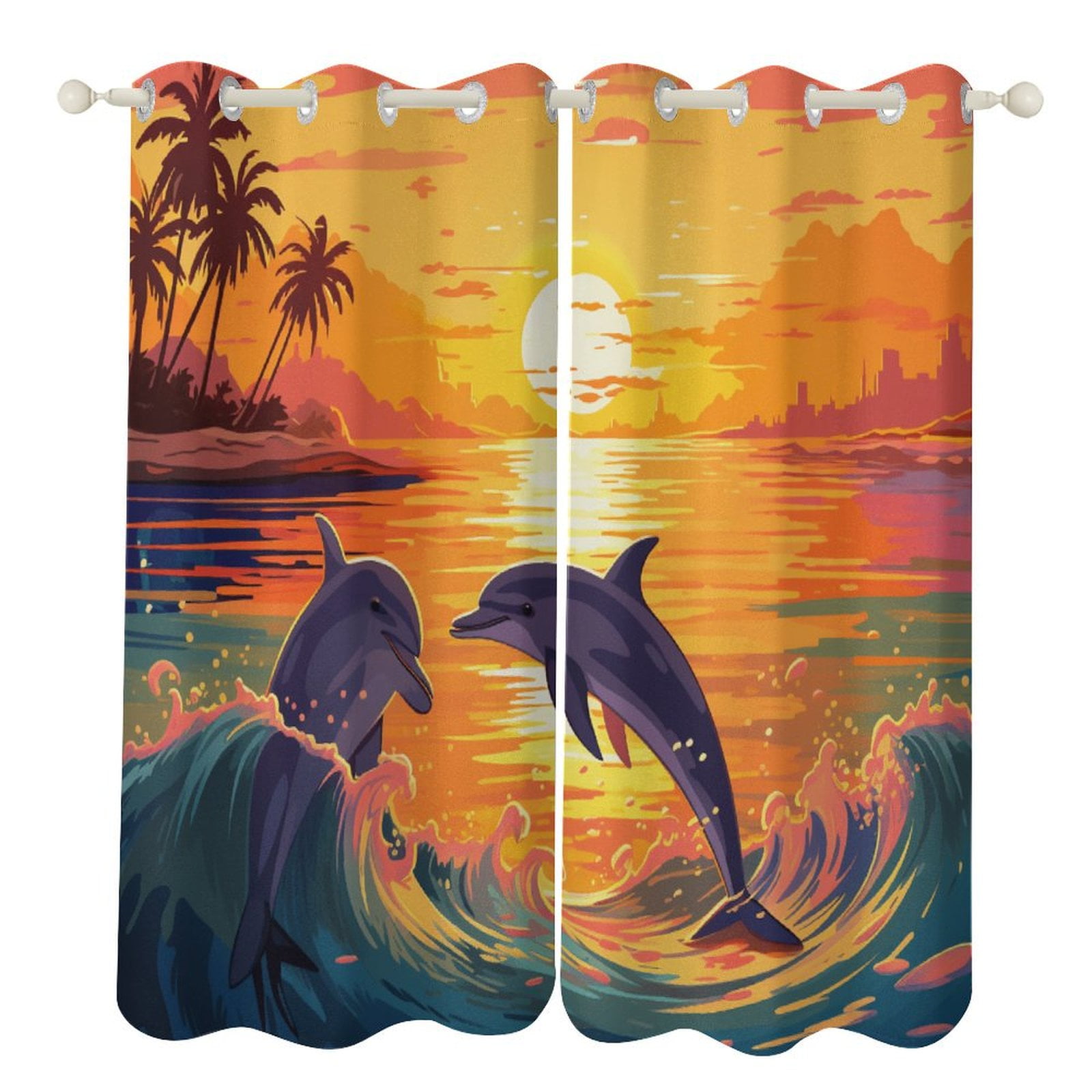 Marine World Dolphin 2 Panel Curtain Set, Watercolor Painting Window ...