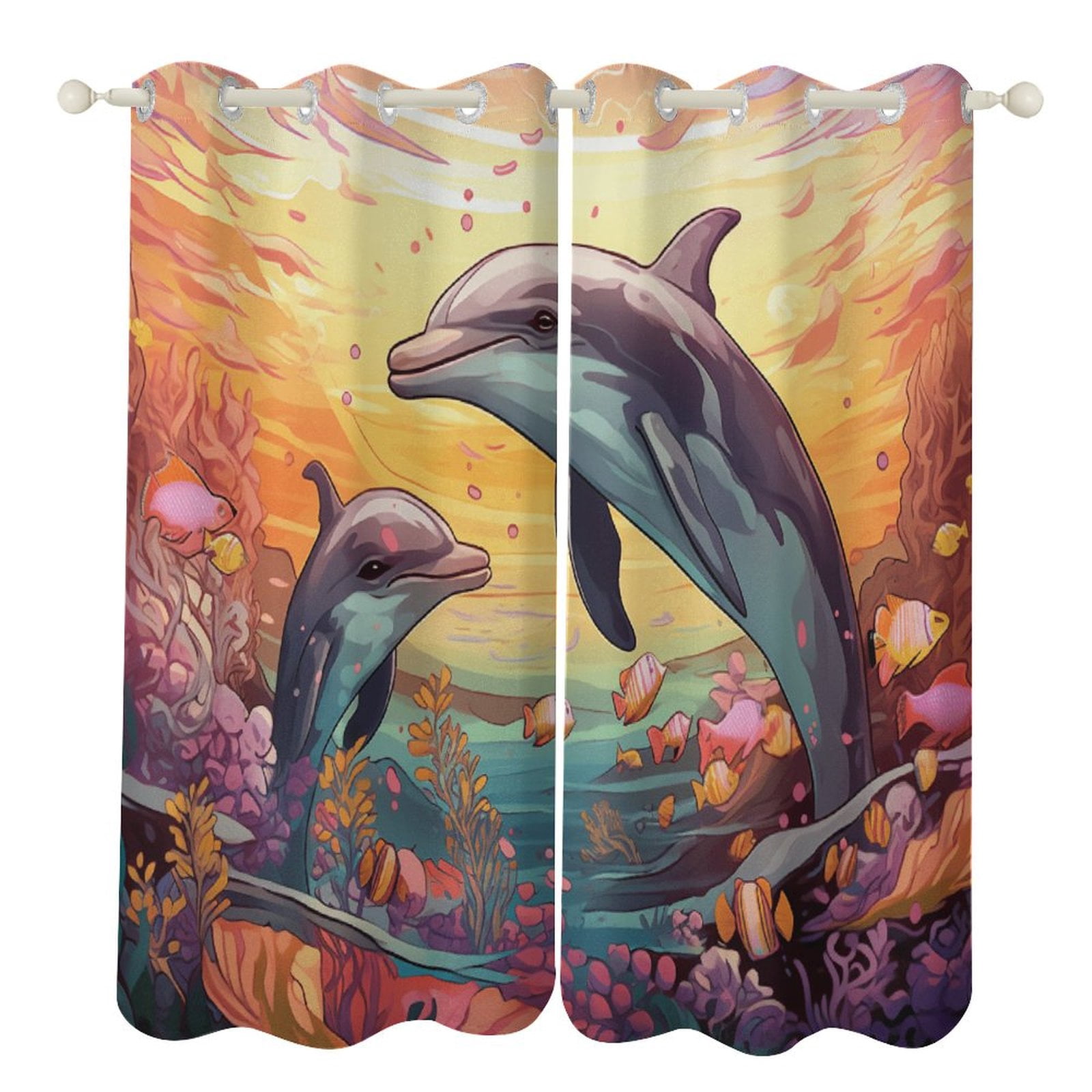 Marine World Dolphin 2 Panel Curtain Set, Watercolor Painting Window ...