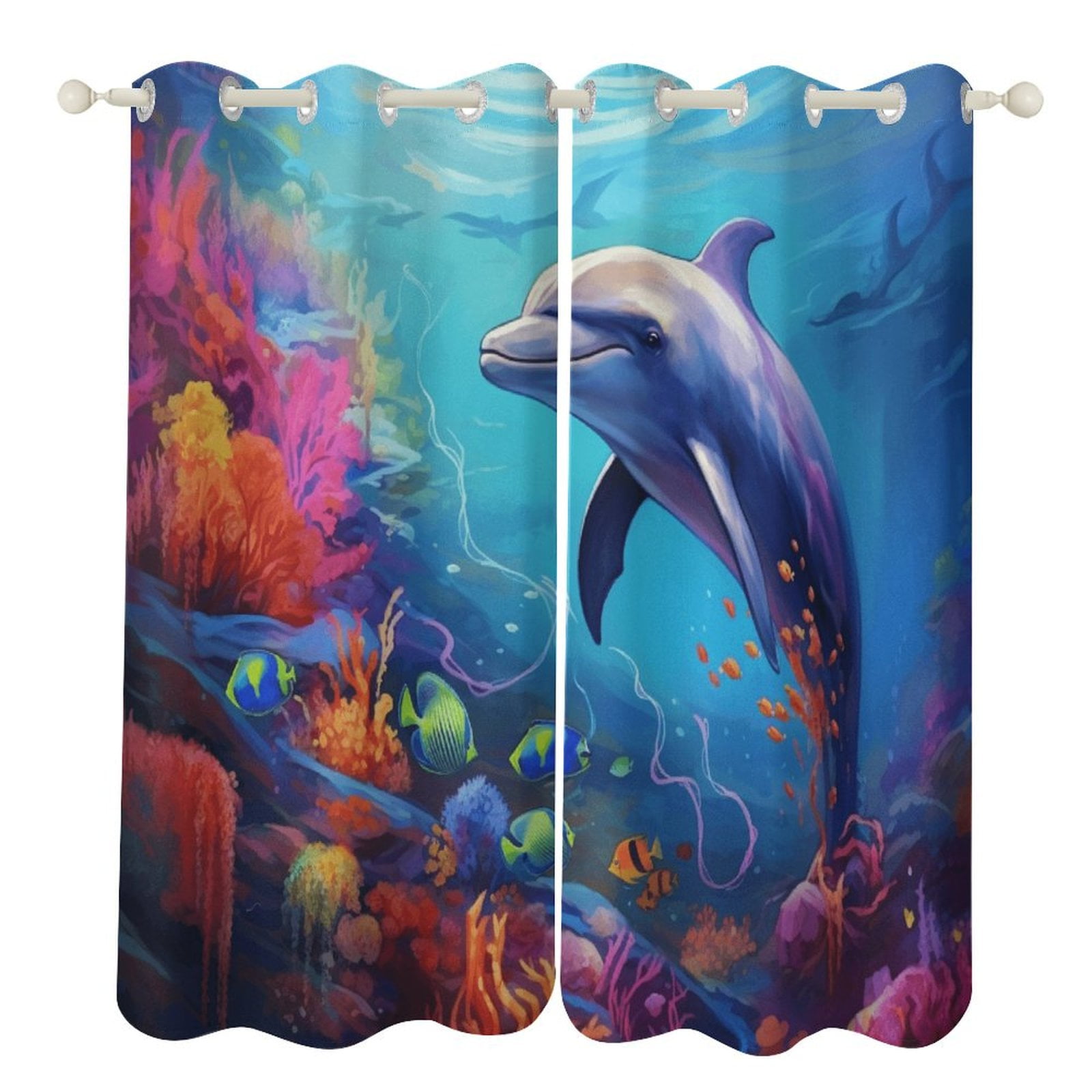 Marine World Dolphin 2 Panel Curtain Set, Watercolor Painting Window ...