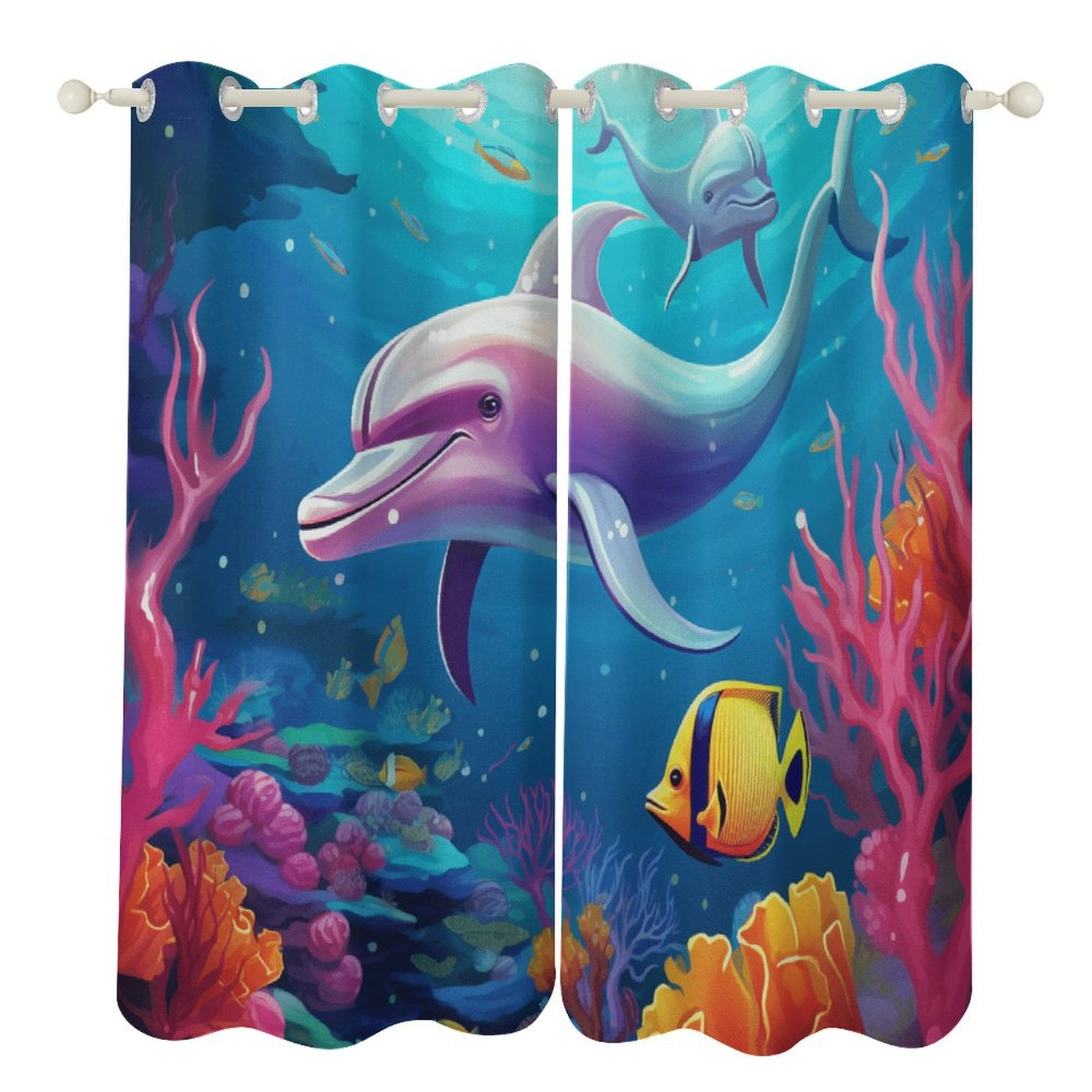 Marine World Dolphin 2 Panel Curtain Set, Watercolor Painting Window ...
