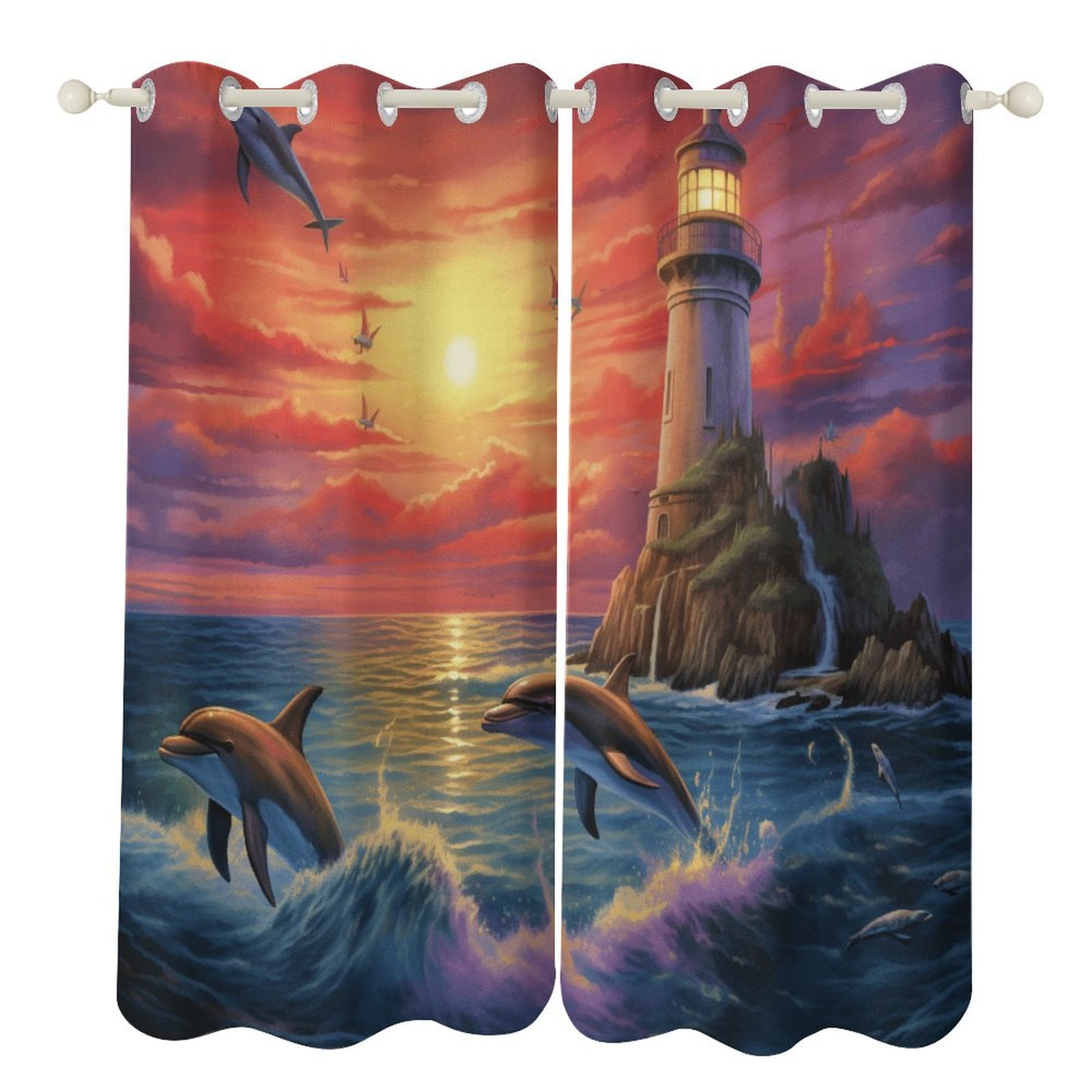 Marine World Dolphin 2 Panel Curtain Set, Watercolor Painting Window ...