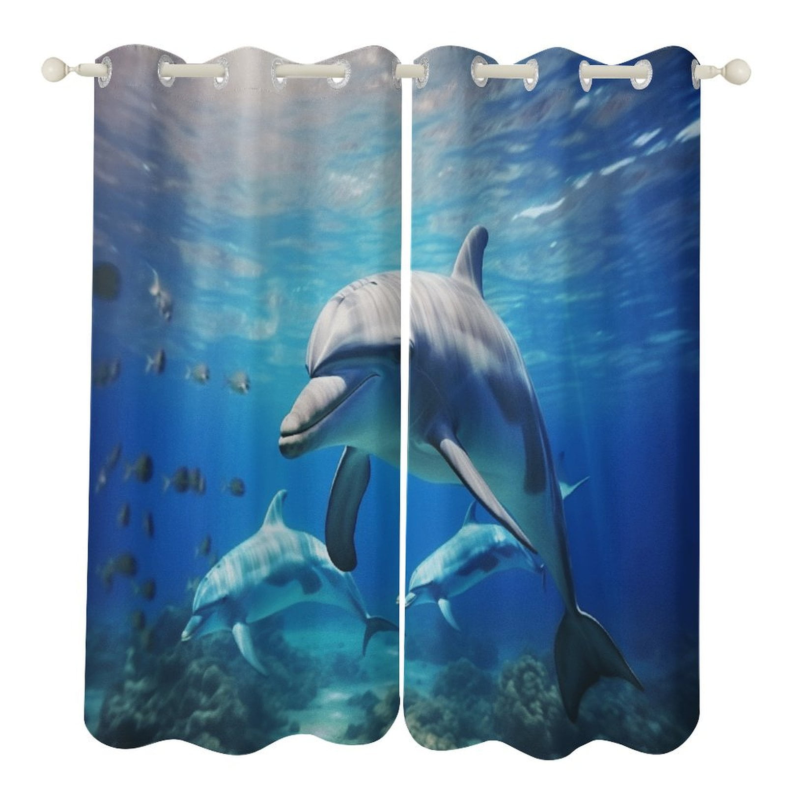 Marine World Dolphin 2 Panel Curtain Set, Watercolor Painting Window ...