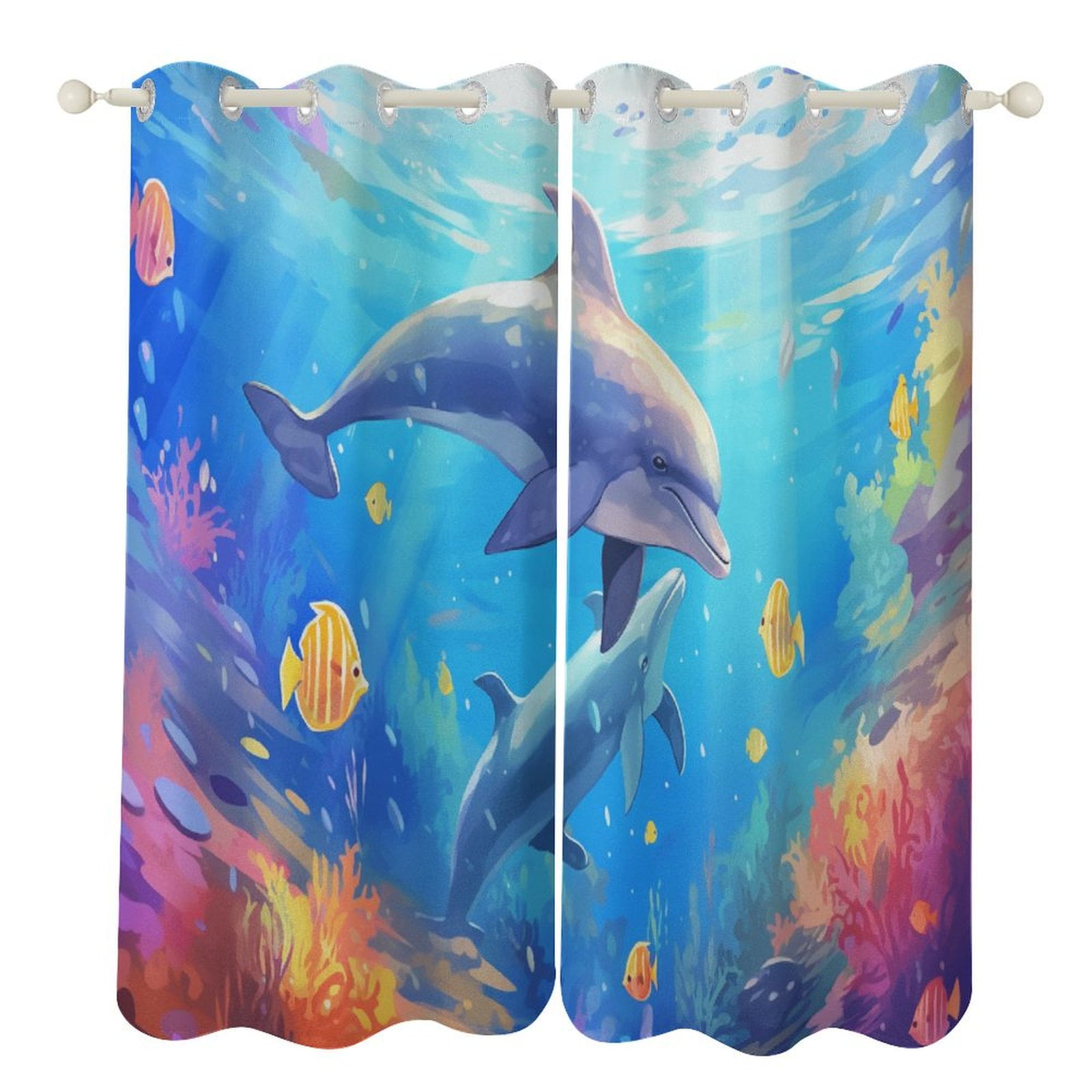 Marine World Dolphin 2 Panel Curtain Set, Watercolor Painting Window ...