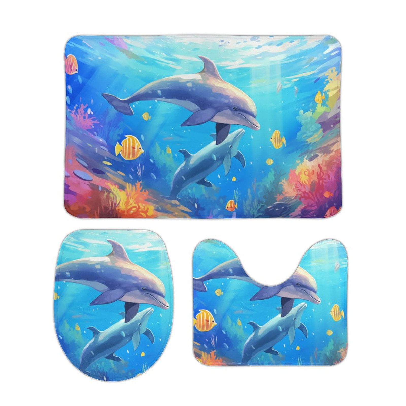 Marine World Dolphin Bathroom Rugs Set 3 Piece with Non-Slip Bath Rugs ...