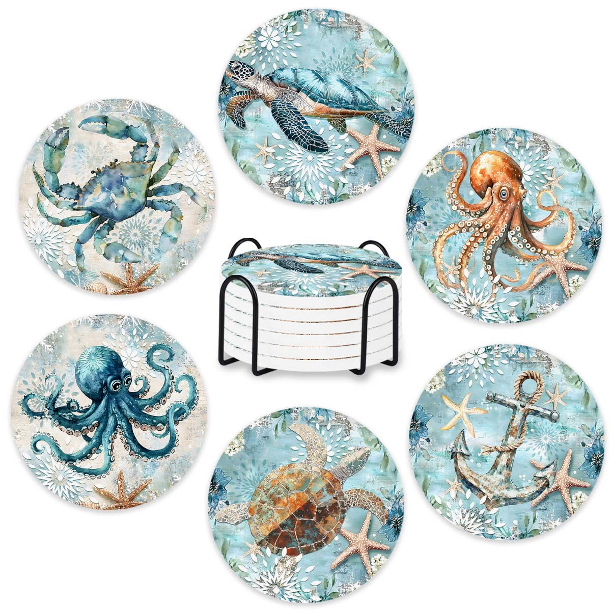 Marine style Drink Coasters with Holder Sets of 6 Coasters with Cork ...