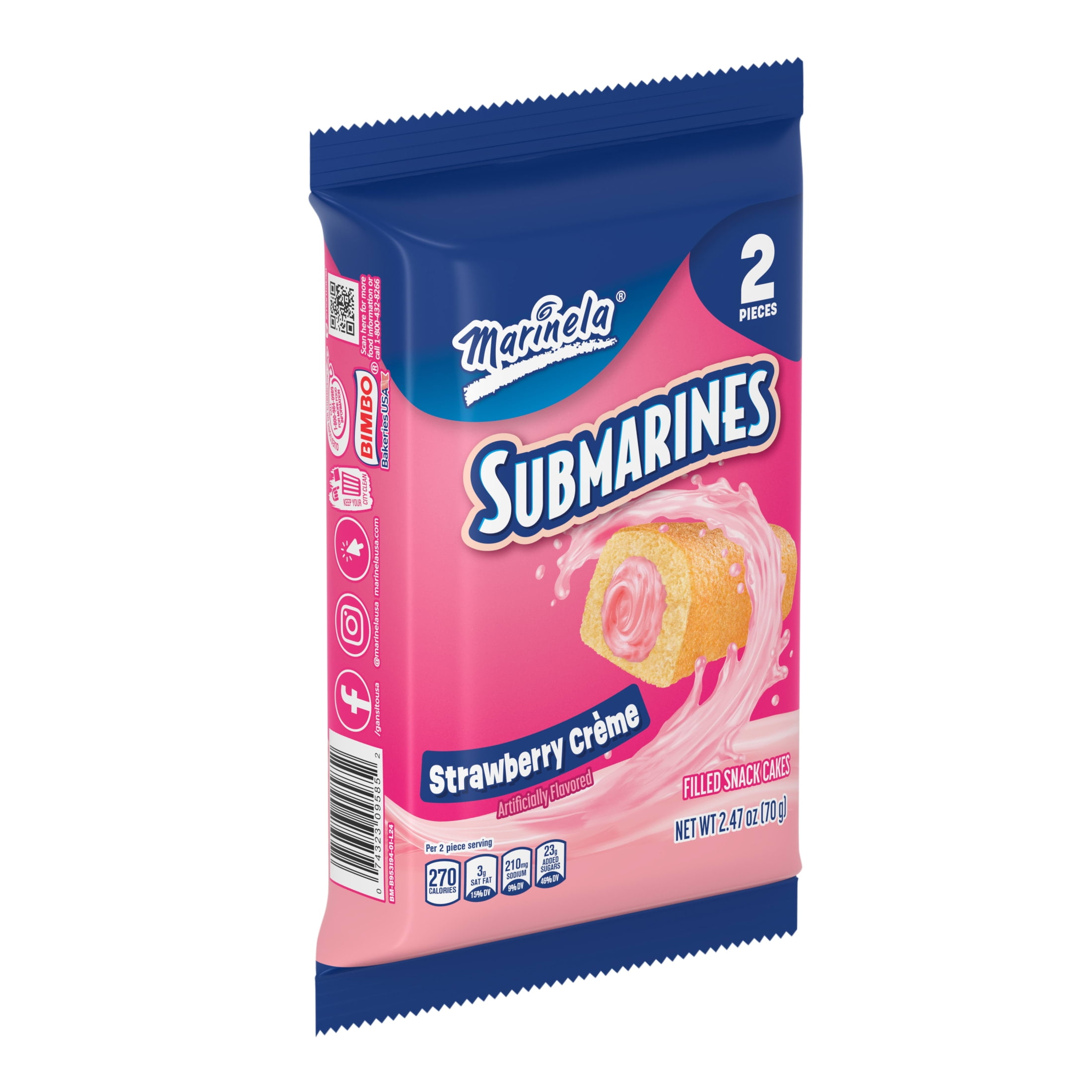 Marinela Submarines Strawberry Crème Filled Snack Cakes, 2 count, Snack ...