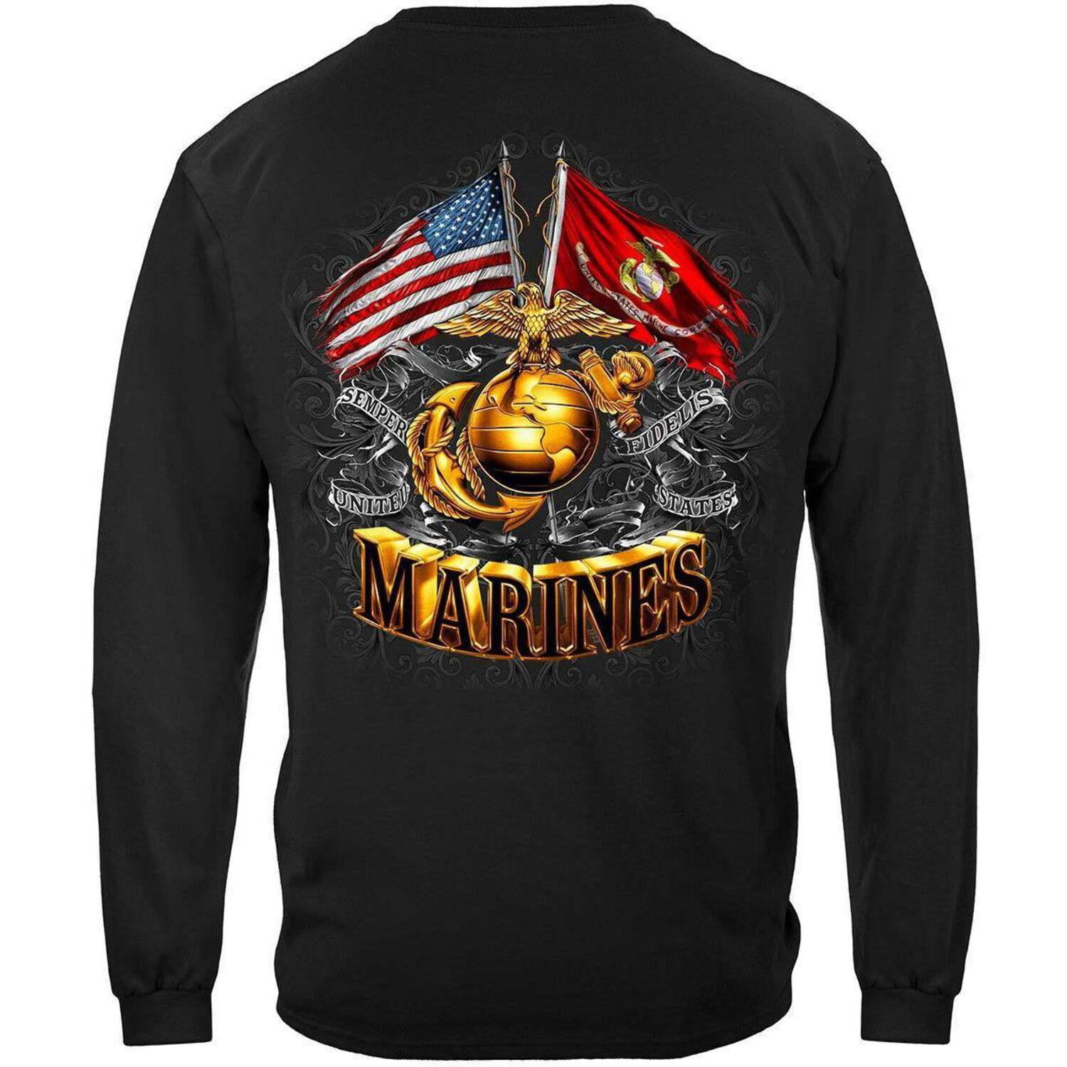 US Marines Double Flag Gold Globe Marine Corps Long Sleeve T-Shirt, Unisex, 100% Cotton, USA ...
