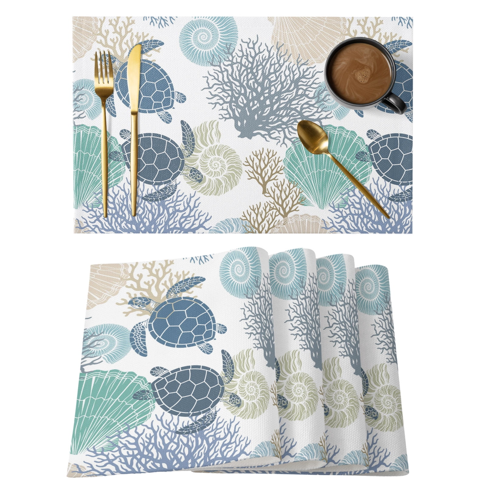 Marines Life Cotton Linen Placemats Set of 2, Sea Turtle Green Shell ...