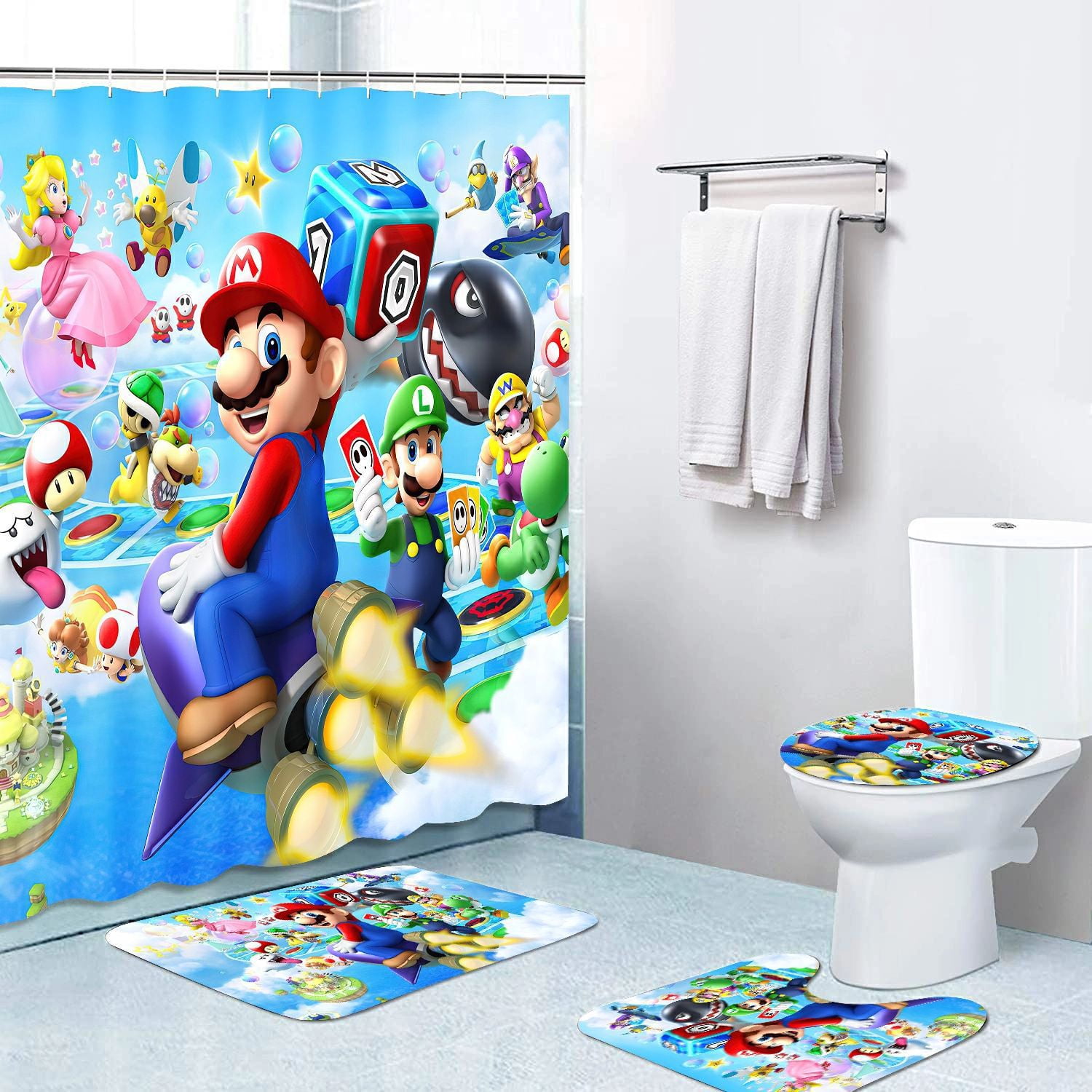 Mario 4 PCS Super Mario Bathroom Sets with Shower Curtain and Rugs ...
