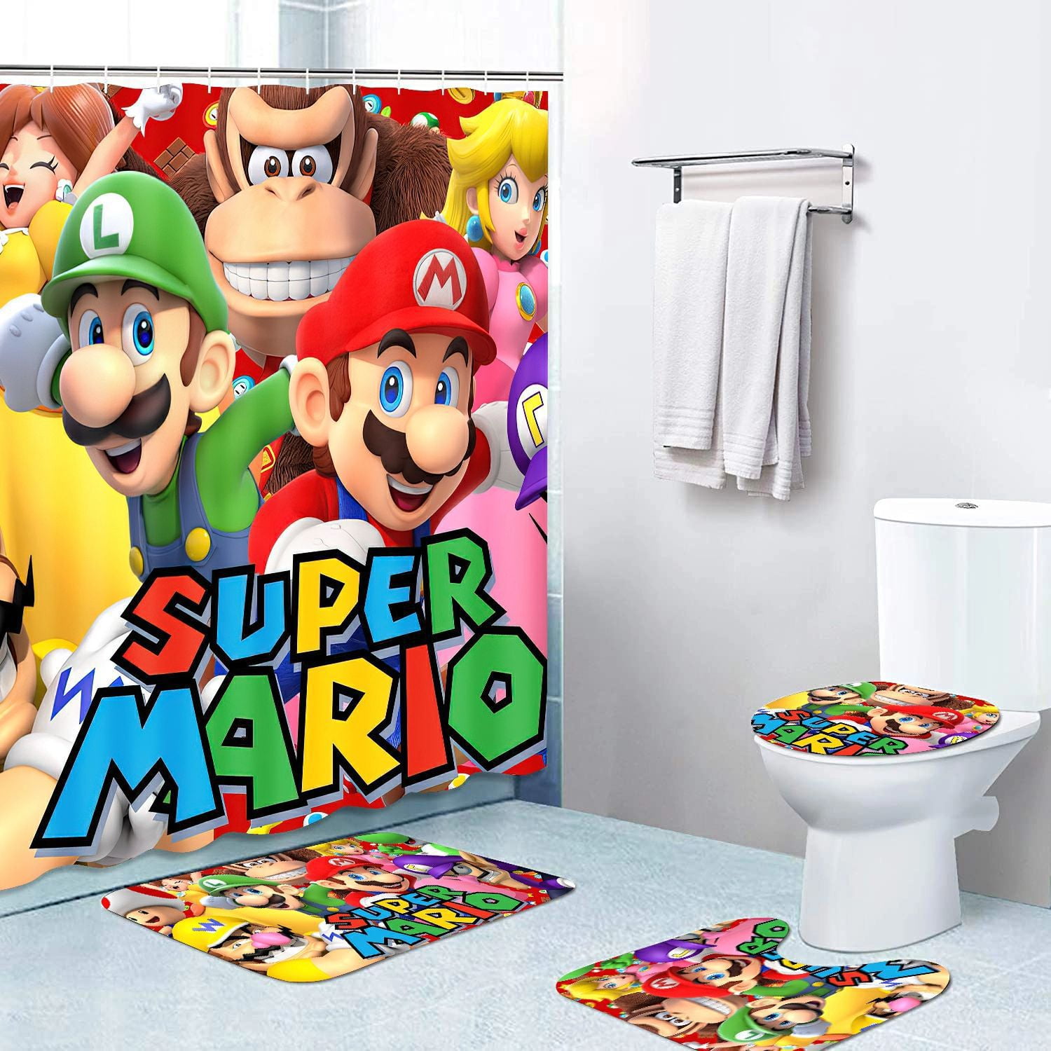 Mario 4 PCS Super Mario Bathroom Sets with Shower Curtain and Rugs ...