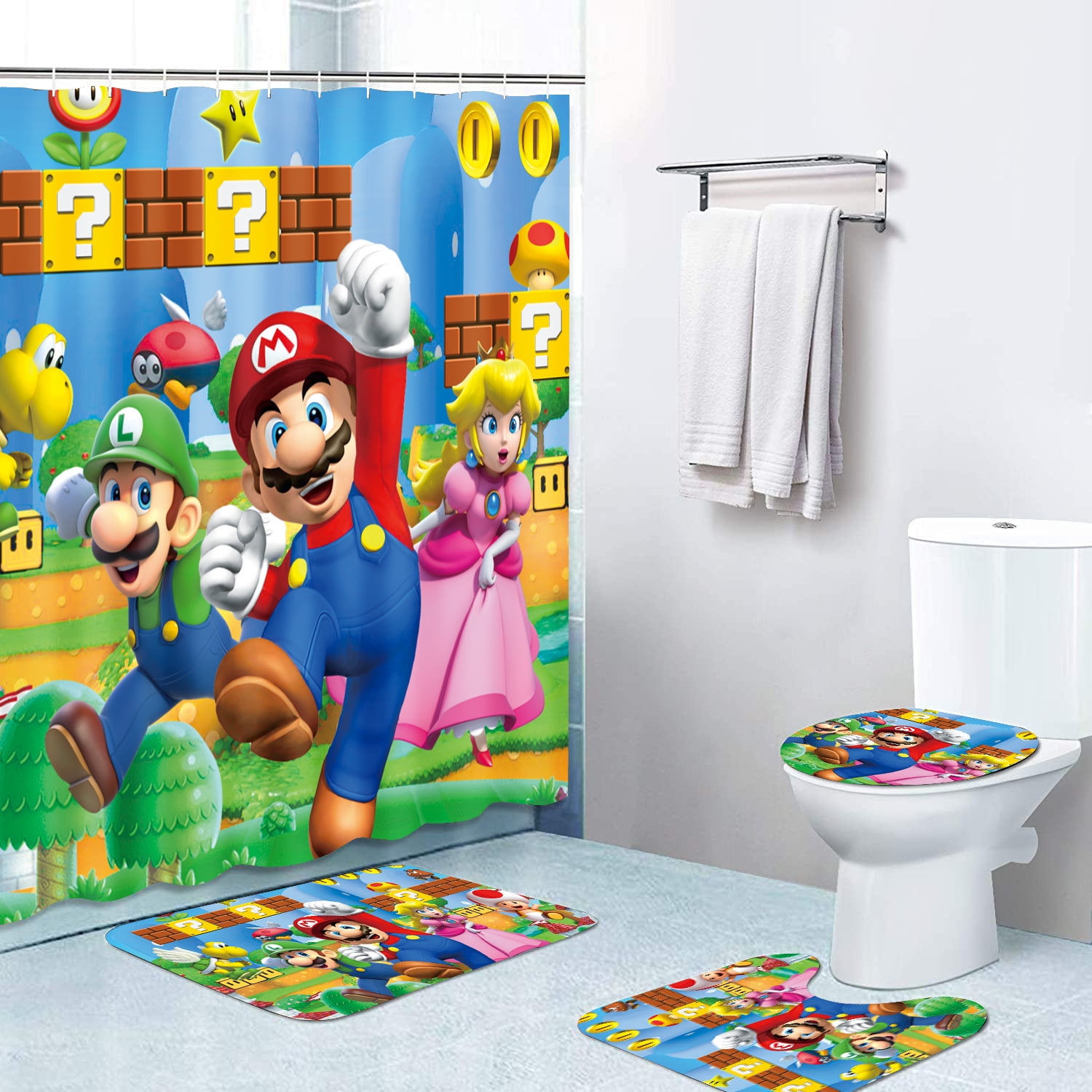 Mario 4 PCS Super Mario Bathroom Sets with Shower Curtain and Rugs ...