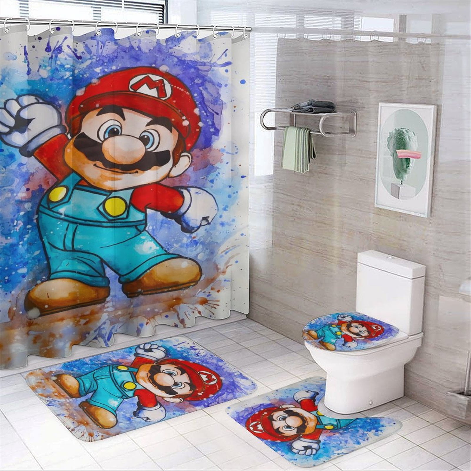 Mario 4 Piece Shower Curtain Set with Non-Slip Rugs, Toilet Lid Cover ...