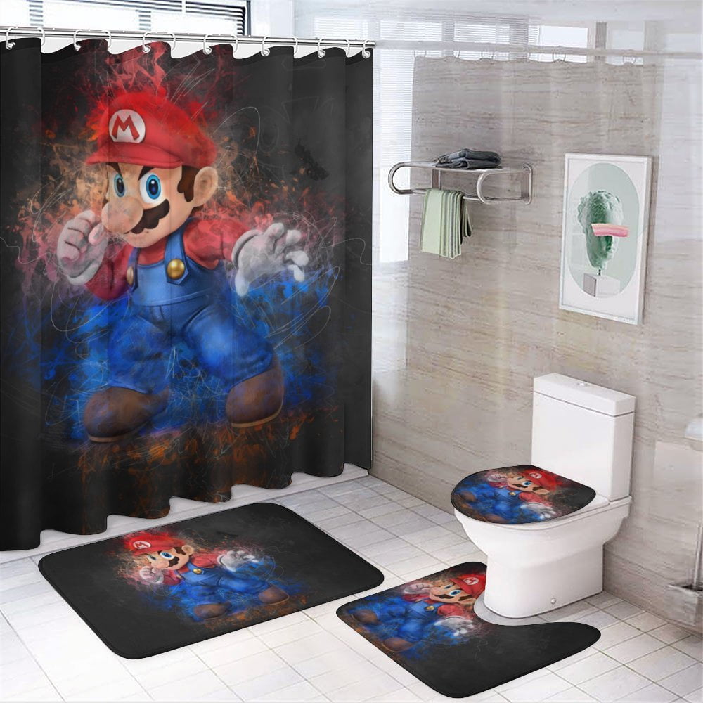 Mario 4Pcs Family Shower Curtain Sets with Non-Slip Rugs, Toilet Lid ...