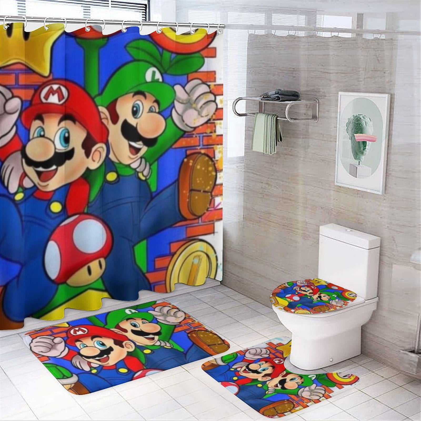 Mario 4pcs Shower Curtain Set with Non-Slip Rugs Cute Cartoon Design ...