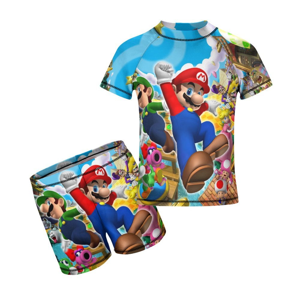 Mario Boys Rash Guard Set 2 Piece Swimsuits Short Sleeve Bathing Suits ...