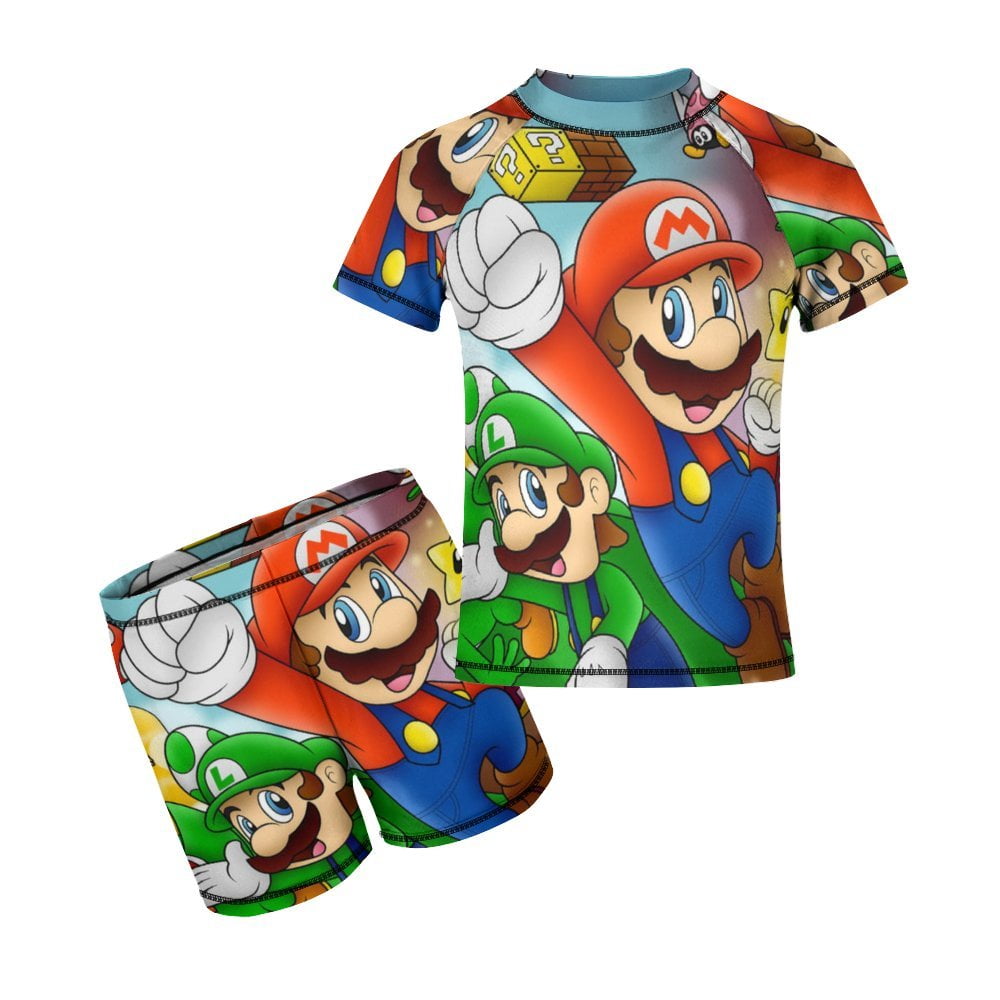 Mario Boys Rash Guard Set 2 Piece Swimsuits Short Sleeve Bathing Suits ...