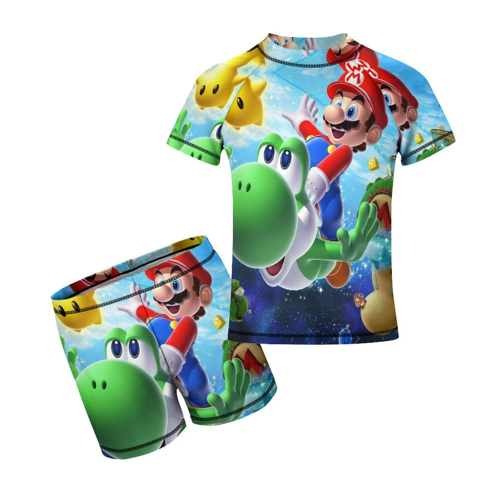 Mario Boys Two Piece Swimsuit Kids Swimwear Set Short Sleeve Bathing ...