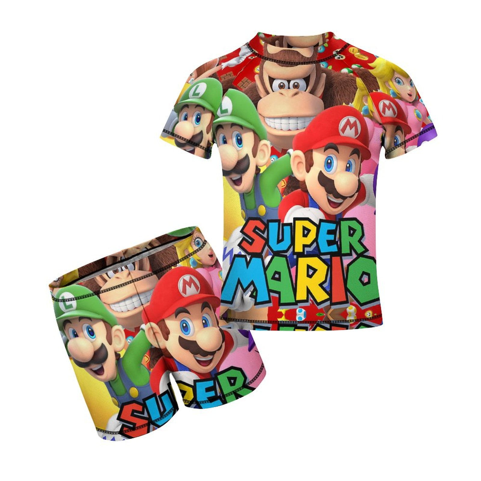 Mario Boys Two Piece Swimsuit Kids Swimwear Set Short Sleeve Bathing ...