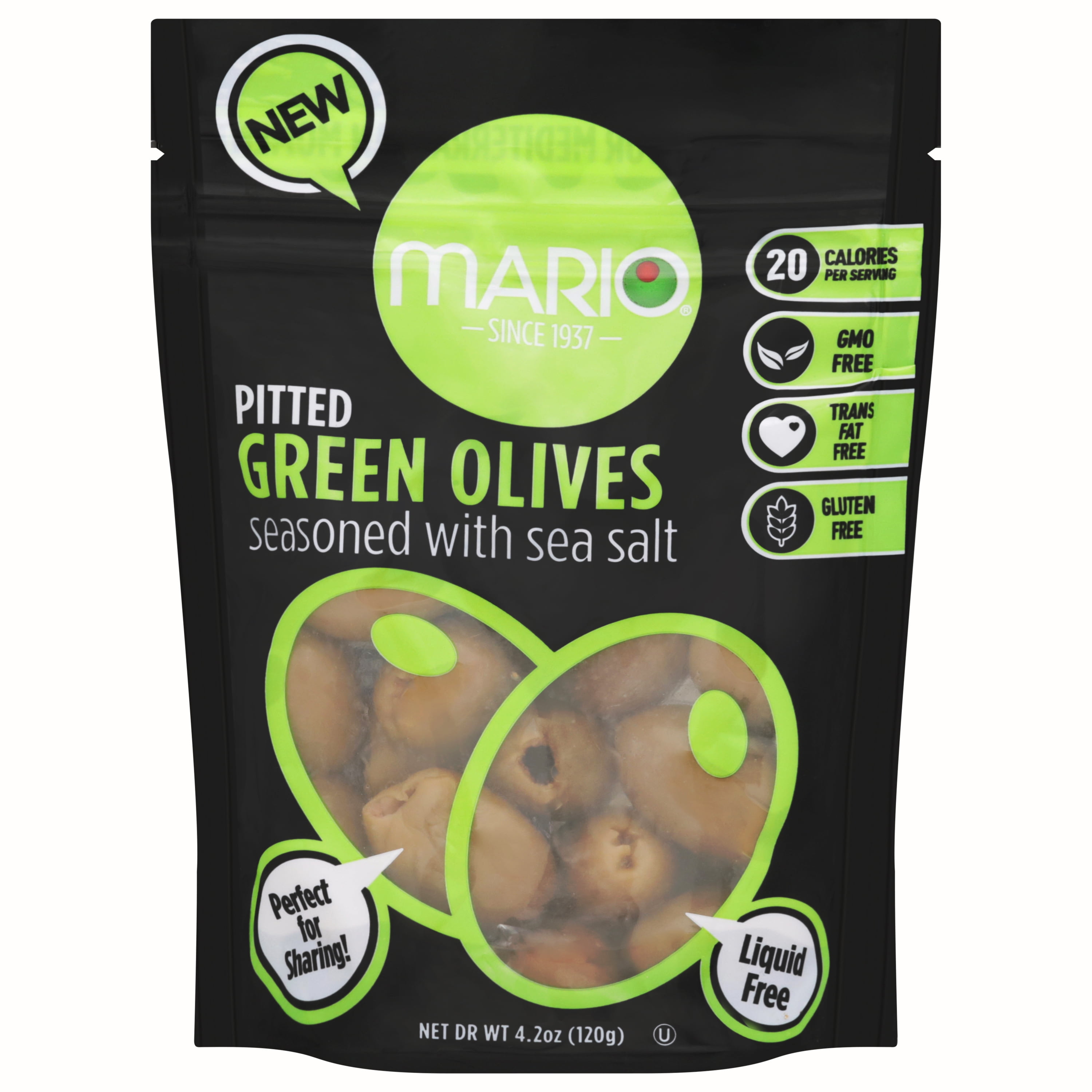 Mario Green Olives Pitted with Sea Salt, 4.2oz Brineless Pouch ...